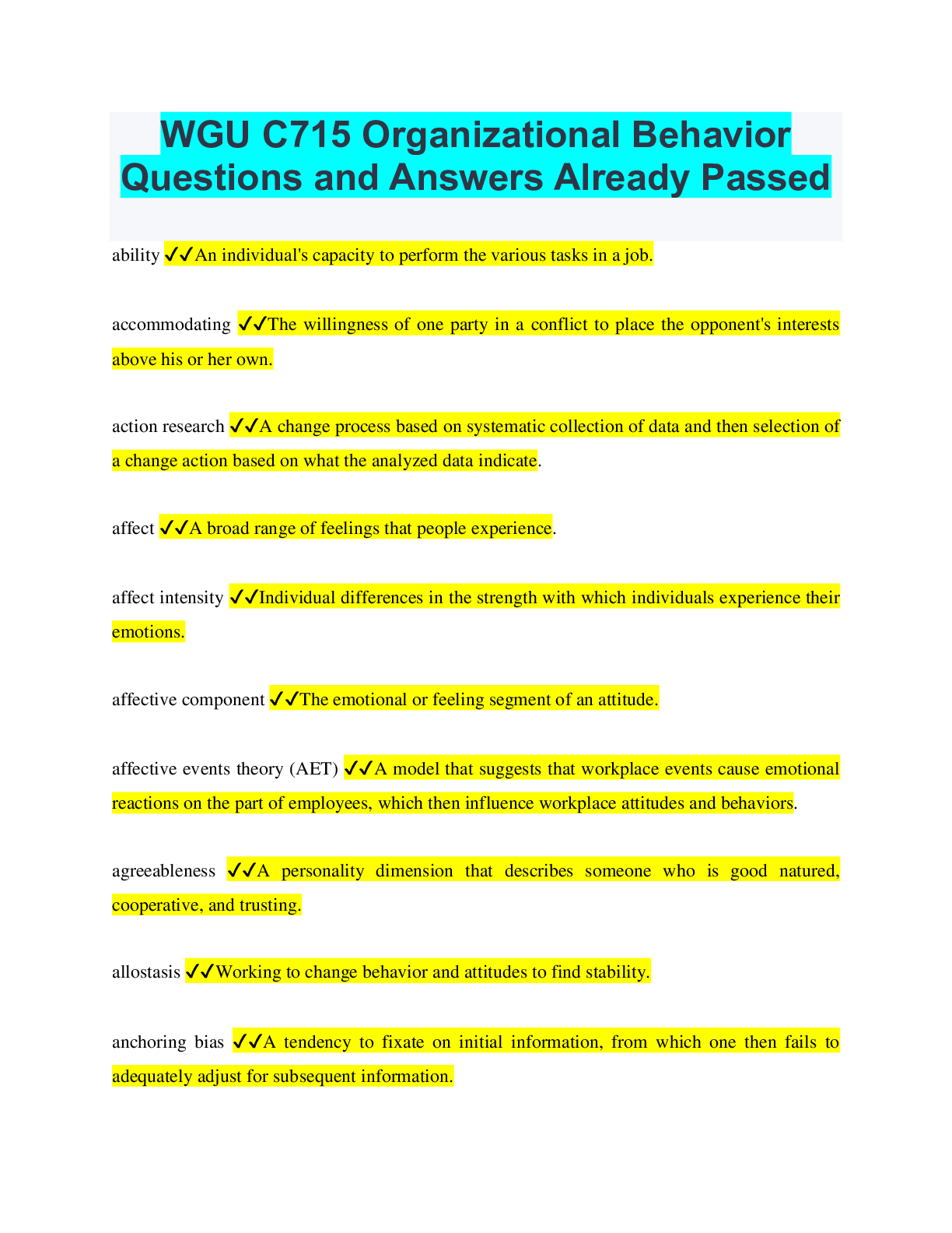 WGU C715 Organizational Behavior Questions and Answers Already Passed ...