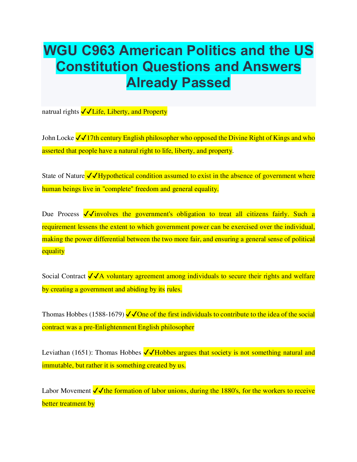 WGU C963 American Politics and the US Constitution Questions and ...