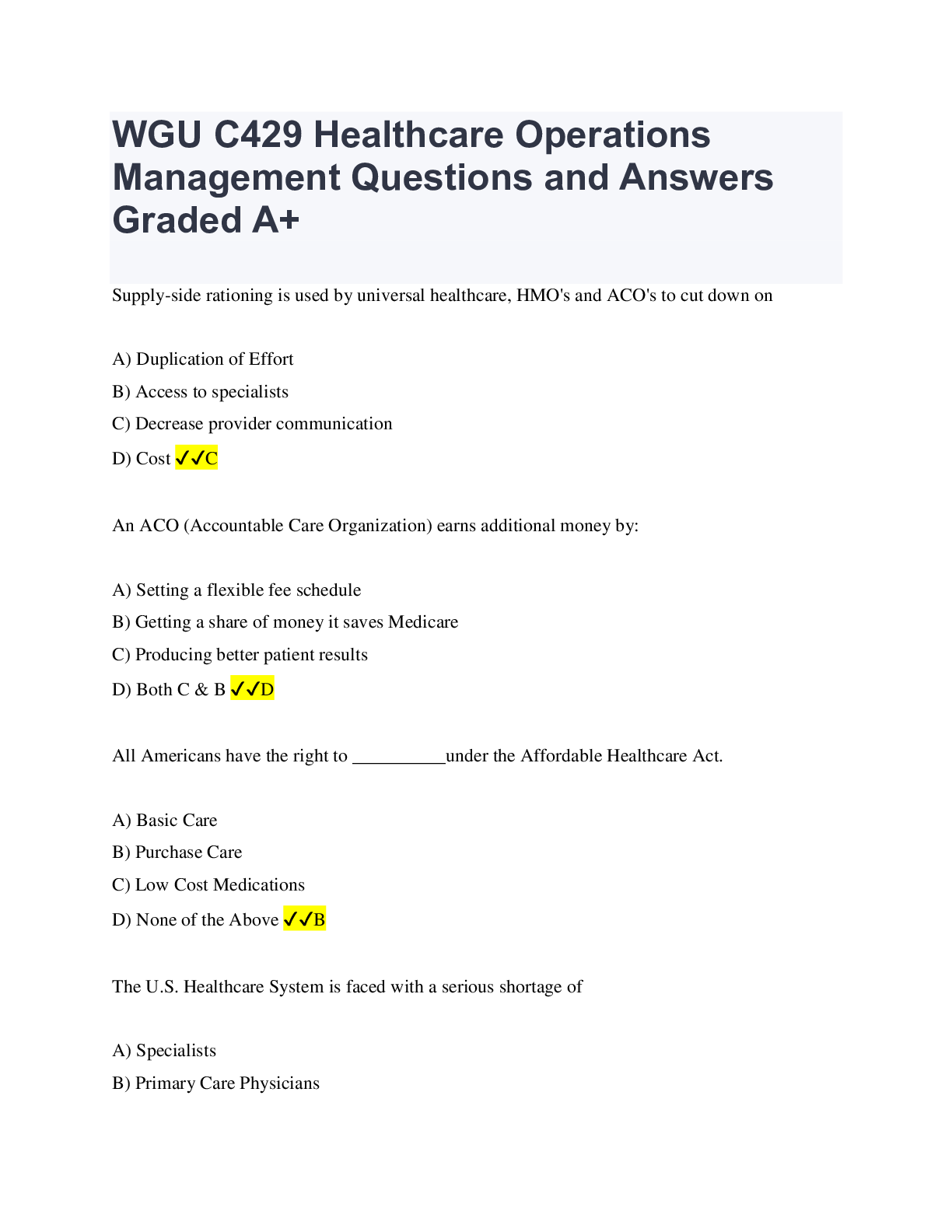 WGU C429 Healthcare Operations Management Questions and Answers Graded ...