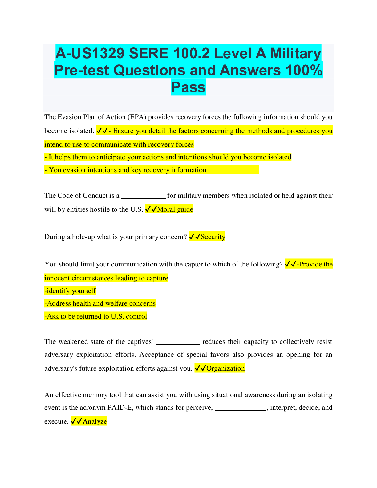 A-US1329 SERE 100.2 Level A Military Pre-test Questions and Answers 100 ...