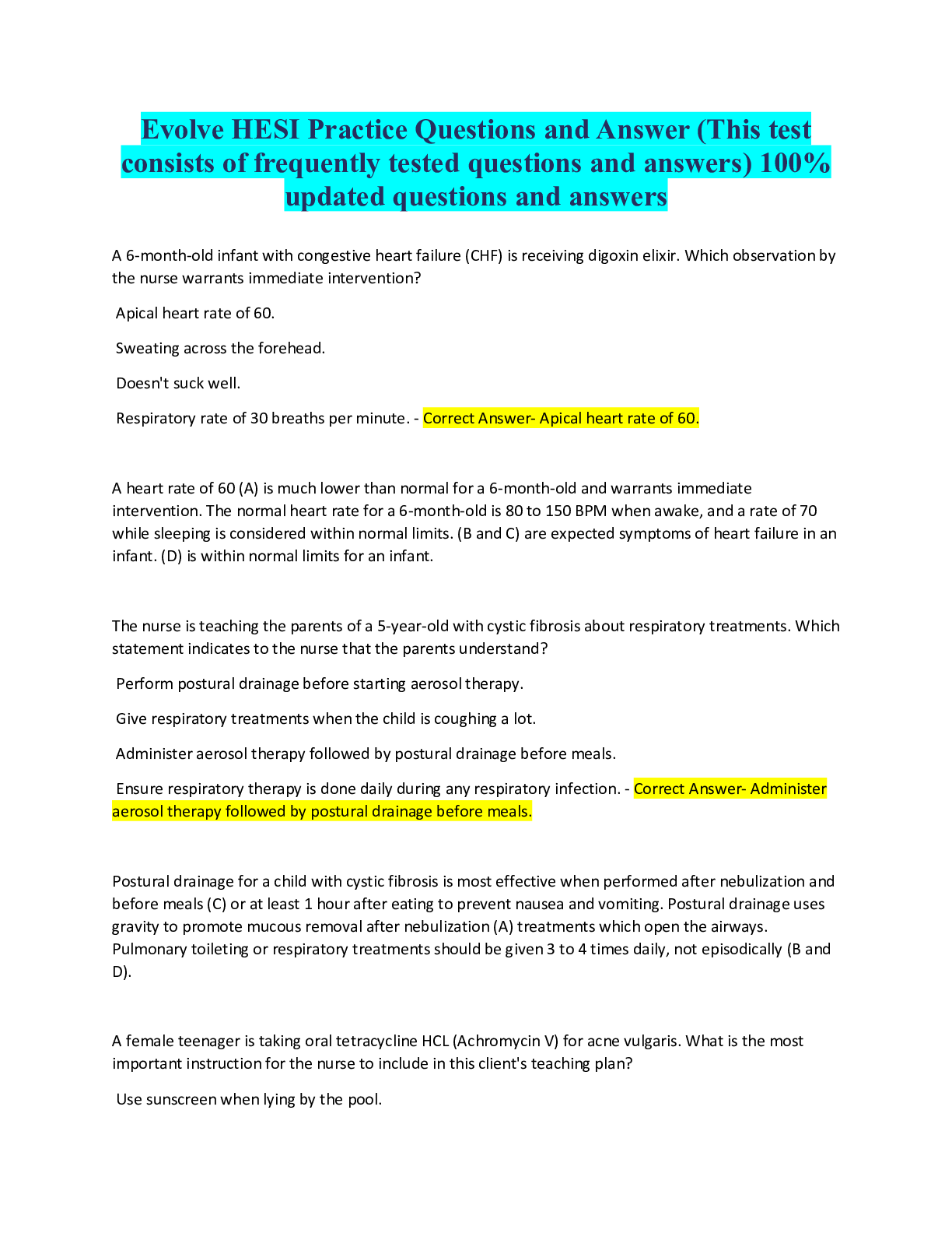 Evolve HESI Practice Questions and Answer (This test consists of ...