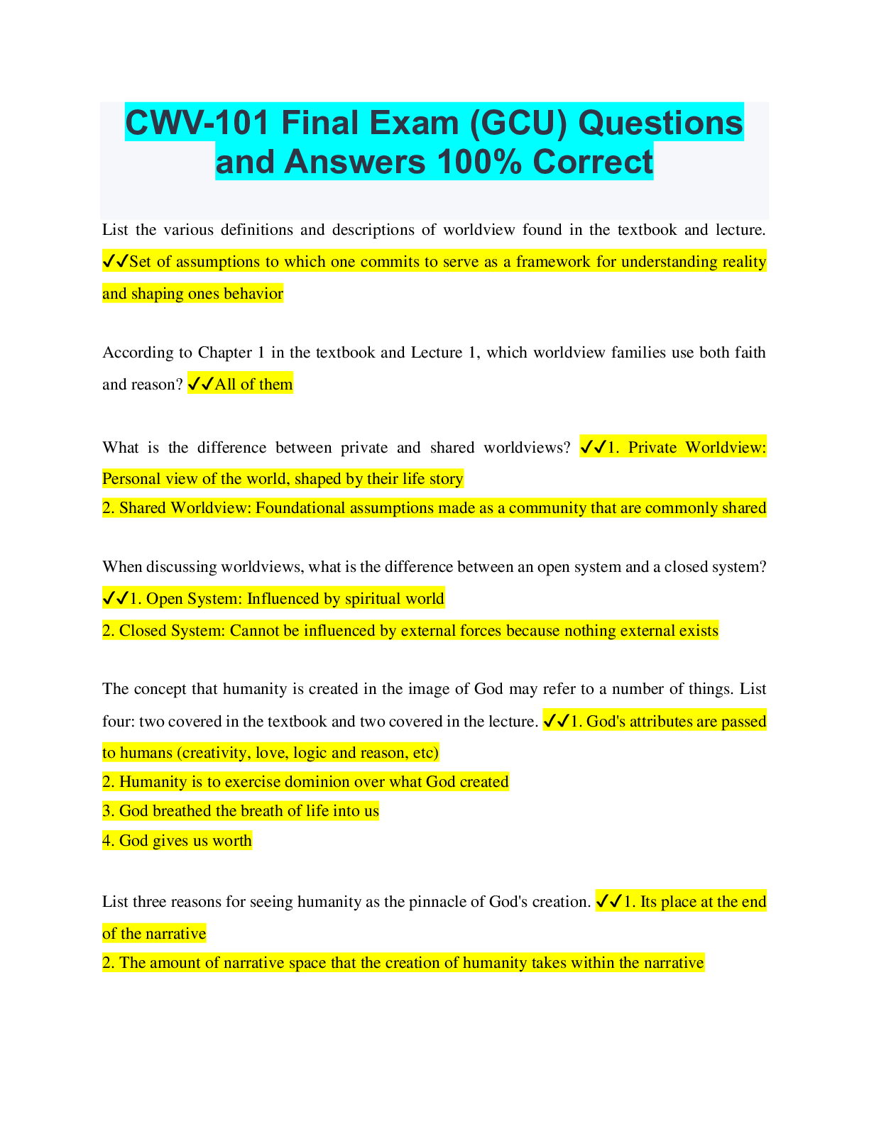 CWV-101 Final Exam (GCU) Questions and Answers 100% Correct ...