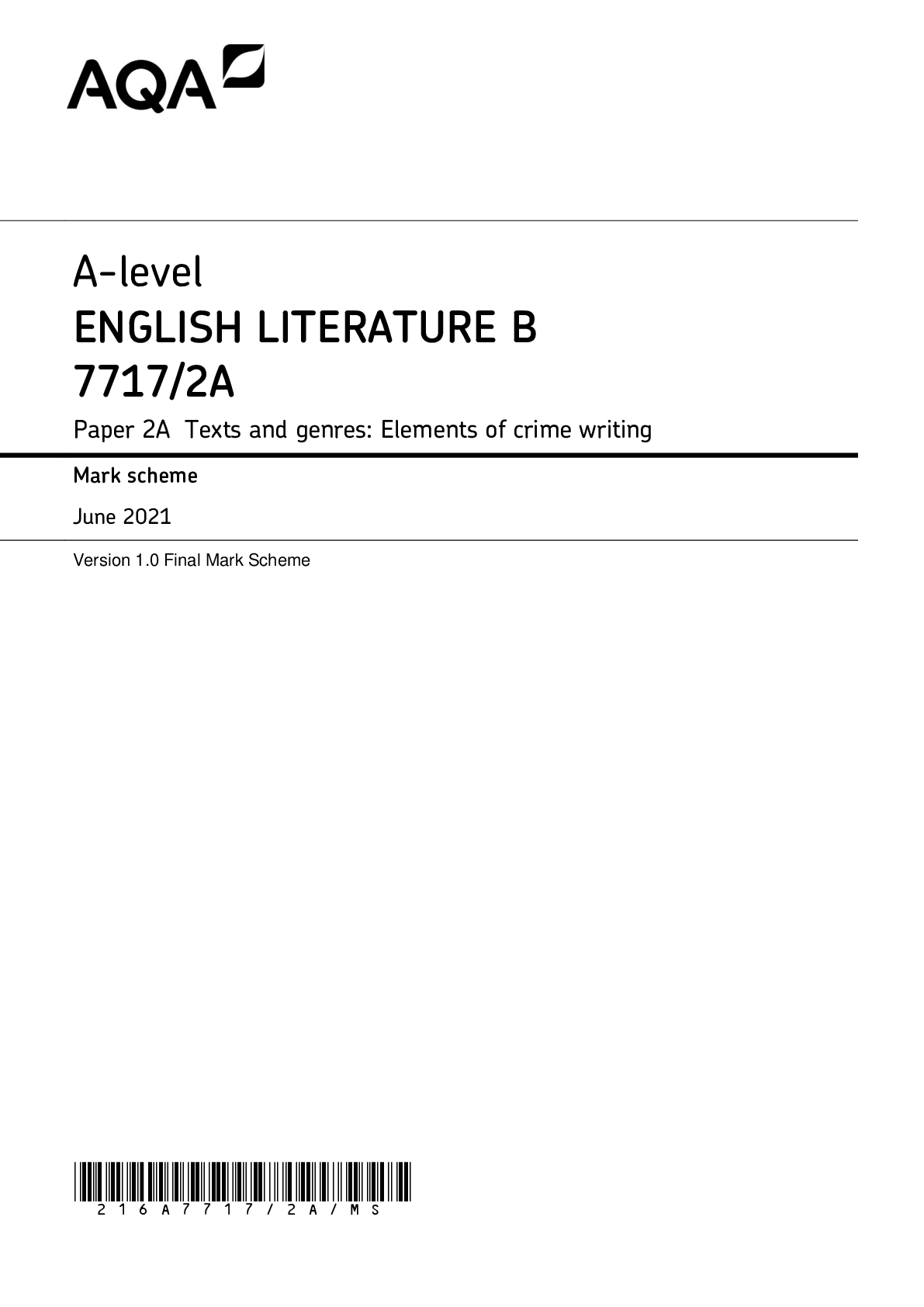 Actual 2024 AQA A-level ENGLISH LITERATURE A 7712/2A Paper 2A QP + Mark ...