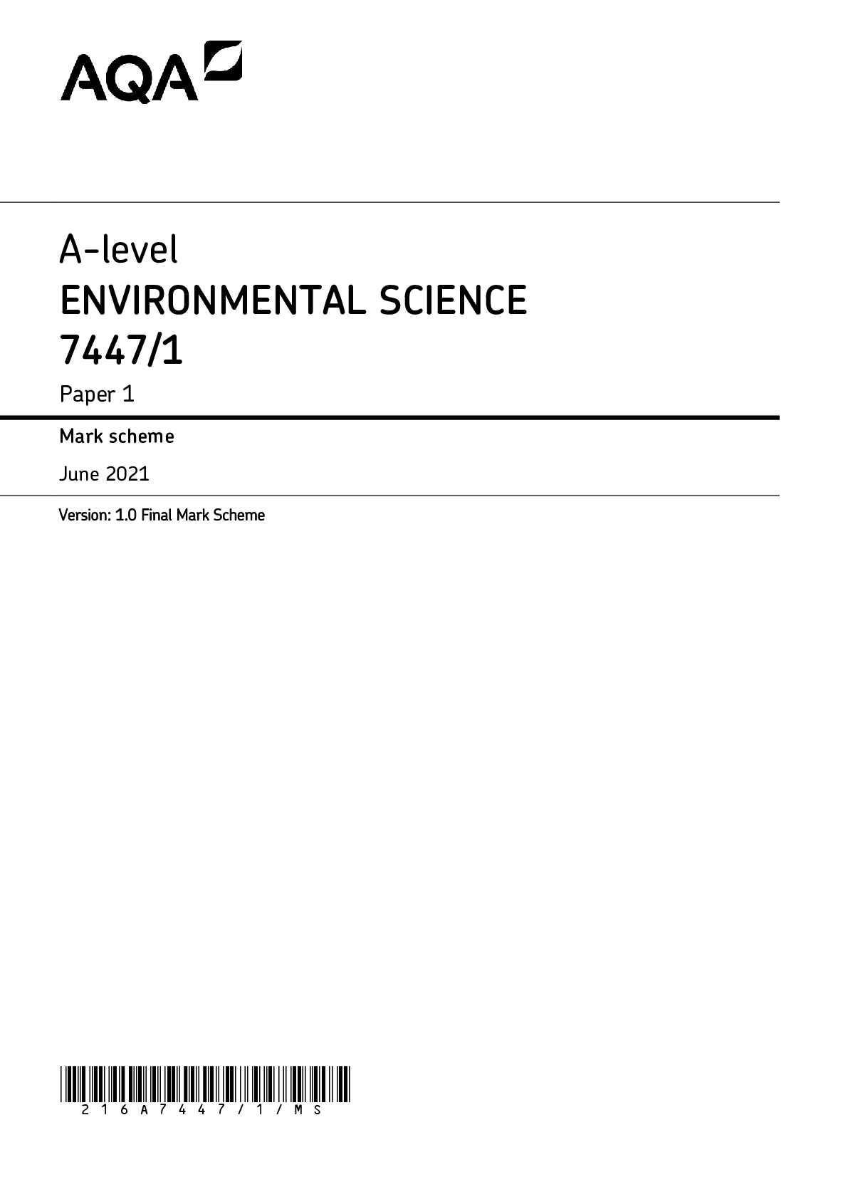 A-Level - Environmental Science - 7447/1 - Paper 1 - Final - Scholarfriends