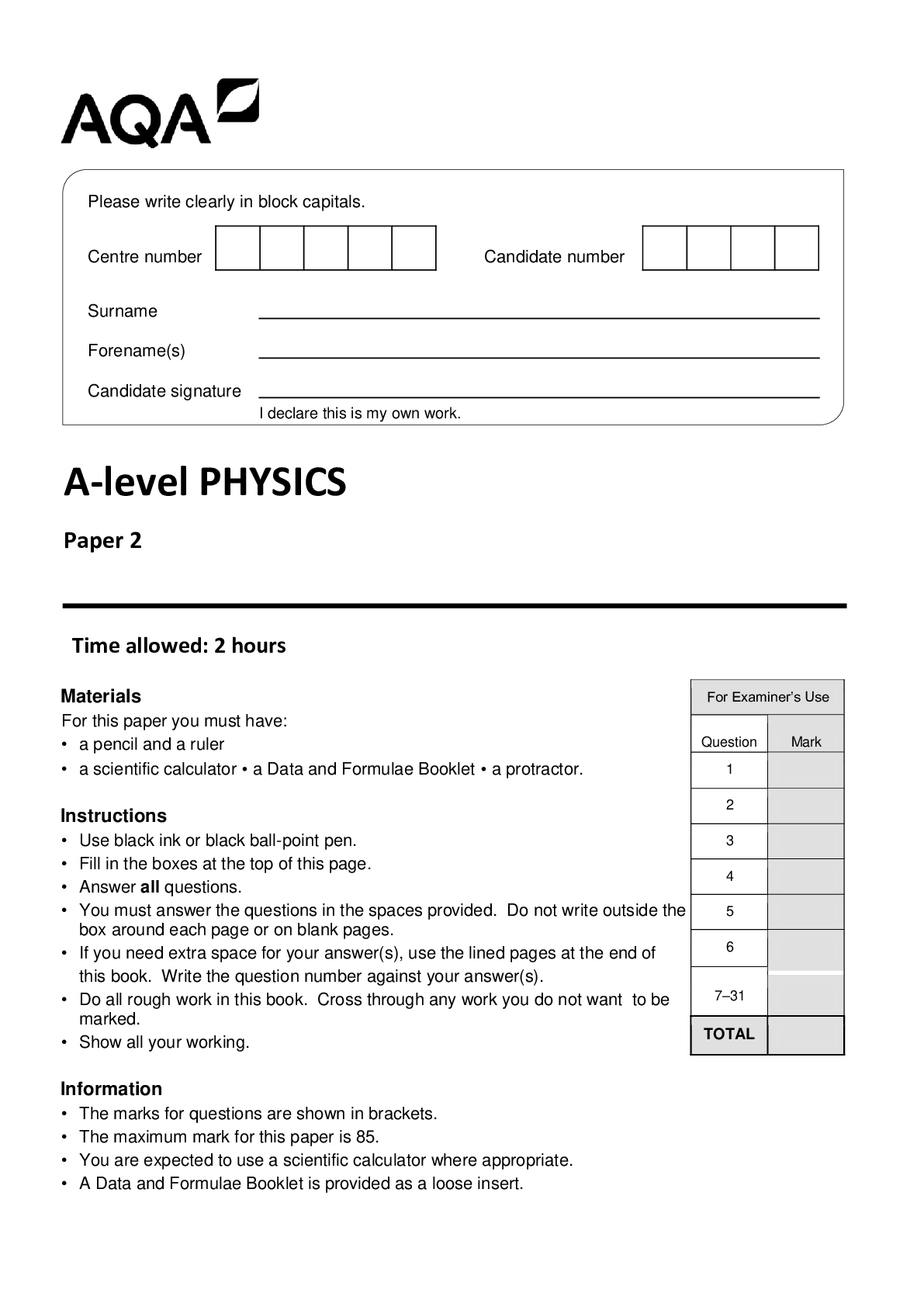 AQA A-level PHYSICS Paper 2 Question Paper 2021 – Scholarfriends ...