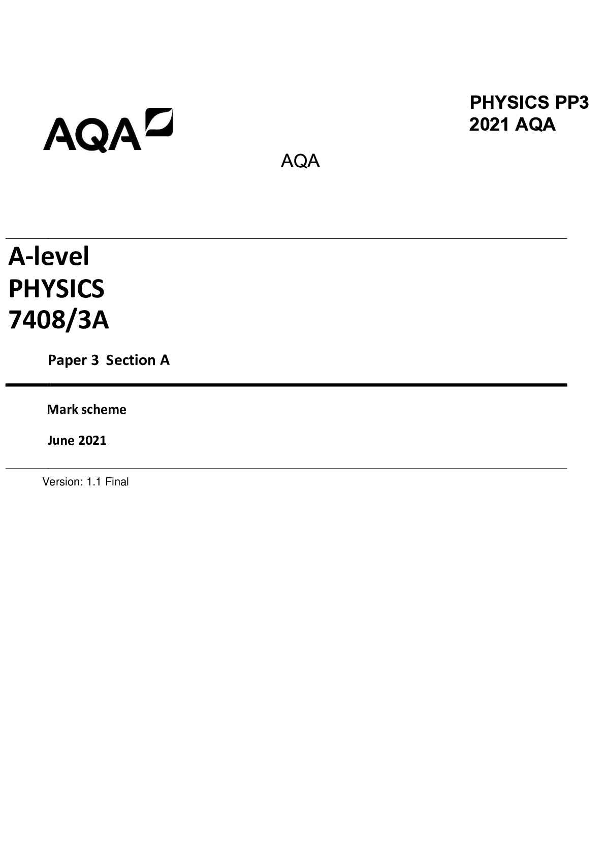 A-level PHYSICS 7408/3A Paper 3 Section A Mark scheme June 2021 Version ...