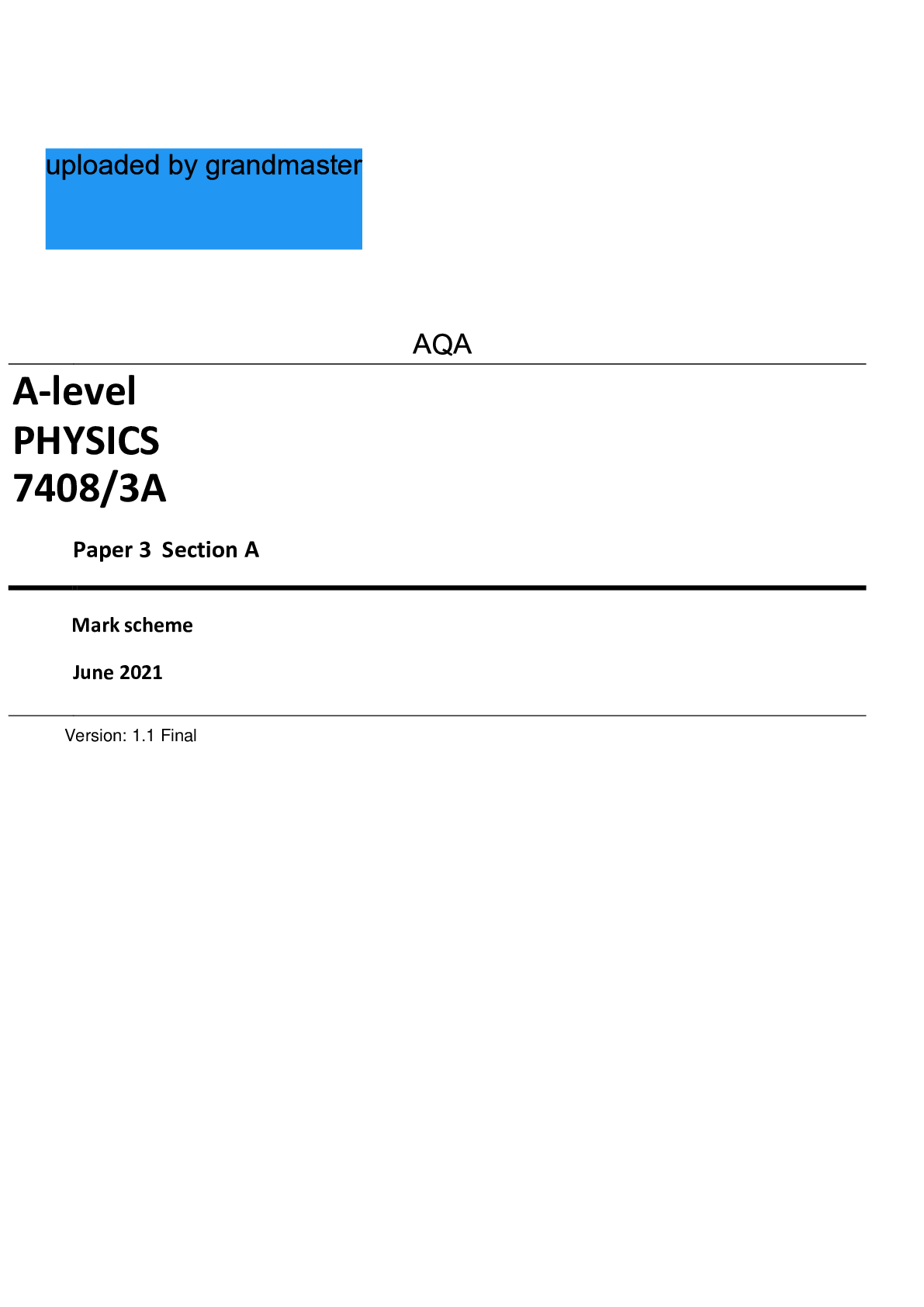 A-level PHYSICS 7408/3A Paper 3 Section A Mark scheme June 2021 Version ...