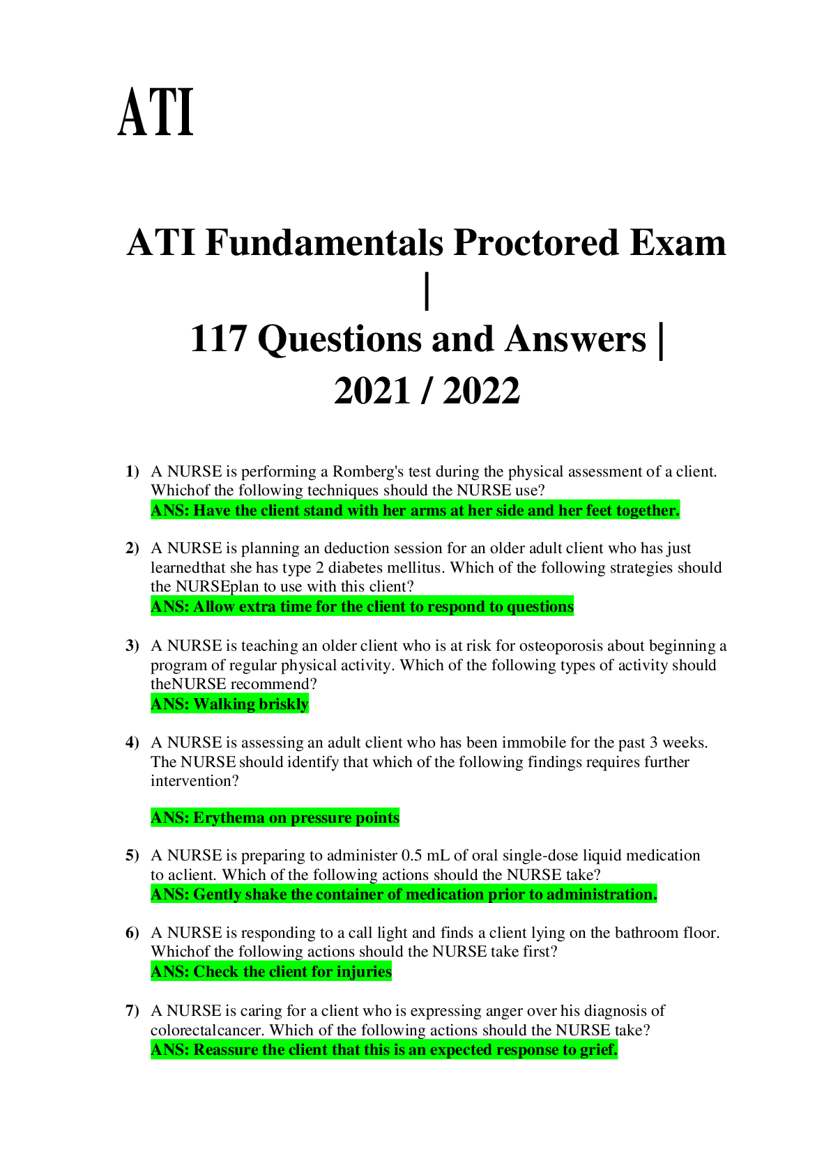 ATI Fundamentals Proctored Exam | 117 Questions and Answers | 2021 / ...