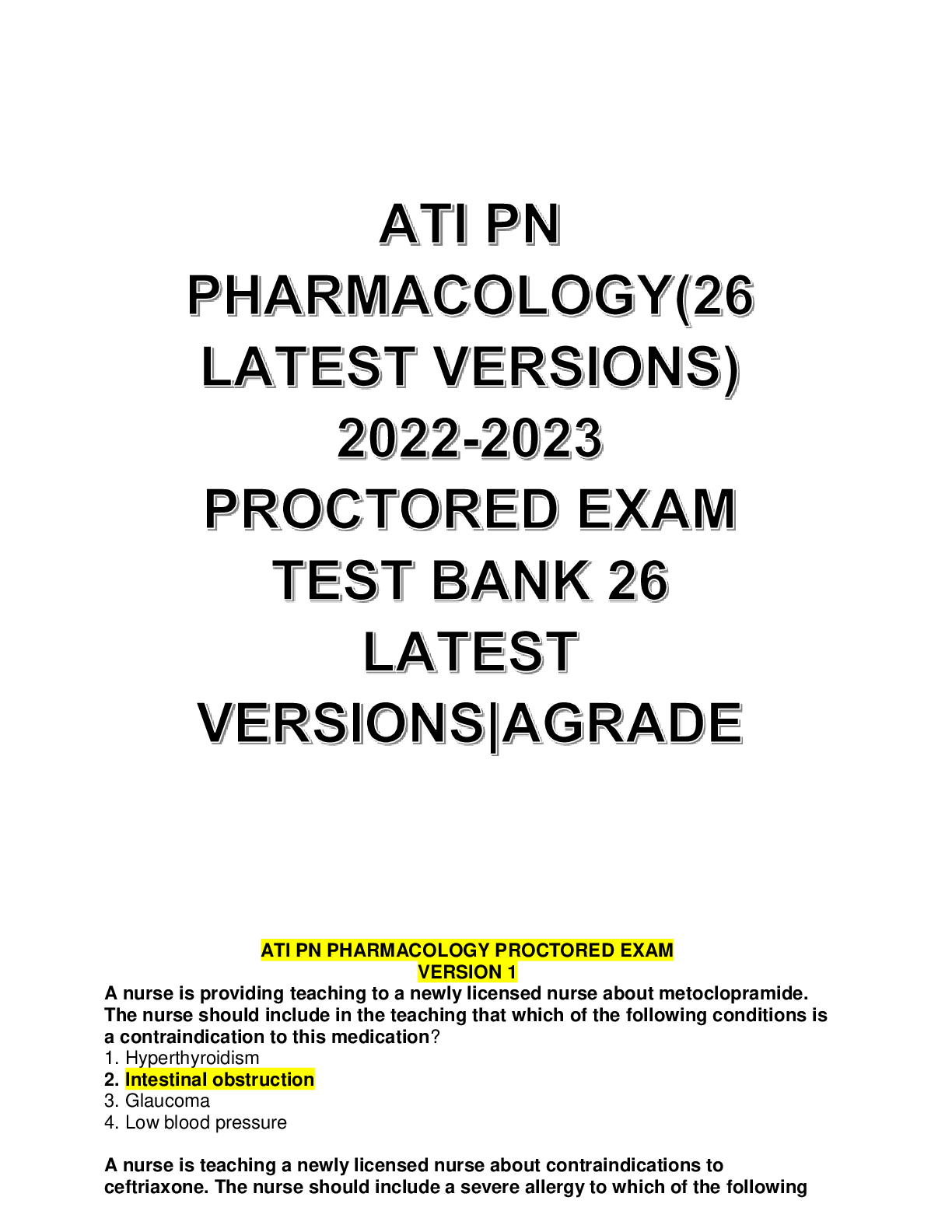 ATI PN PHARMACOLOGY(26 LATEST VERSIONS) 2022-2023 PROCTORED EXAM TEST ... ATI PN PHARMACOLOGY(26 LATEST VERSIONS) 2022-2023 PROCTORED EXAM TEST ...