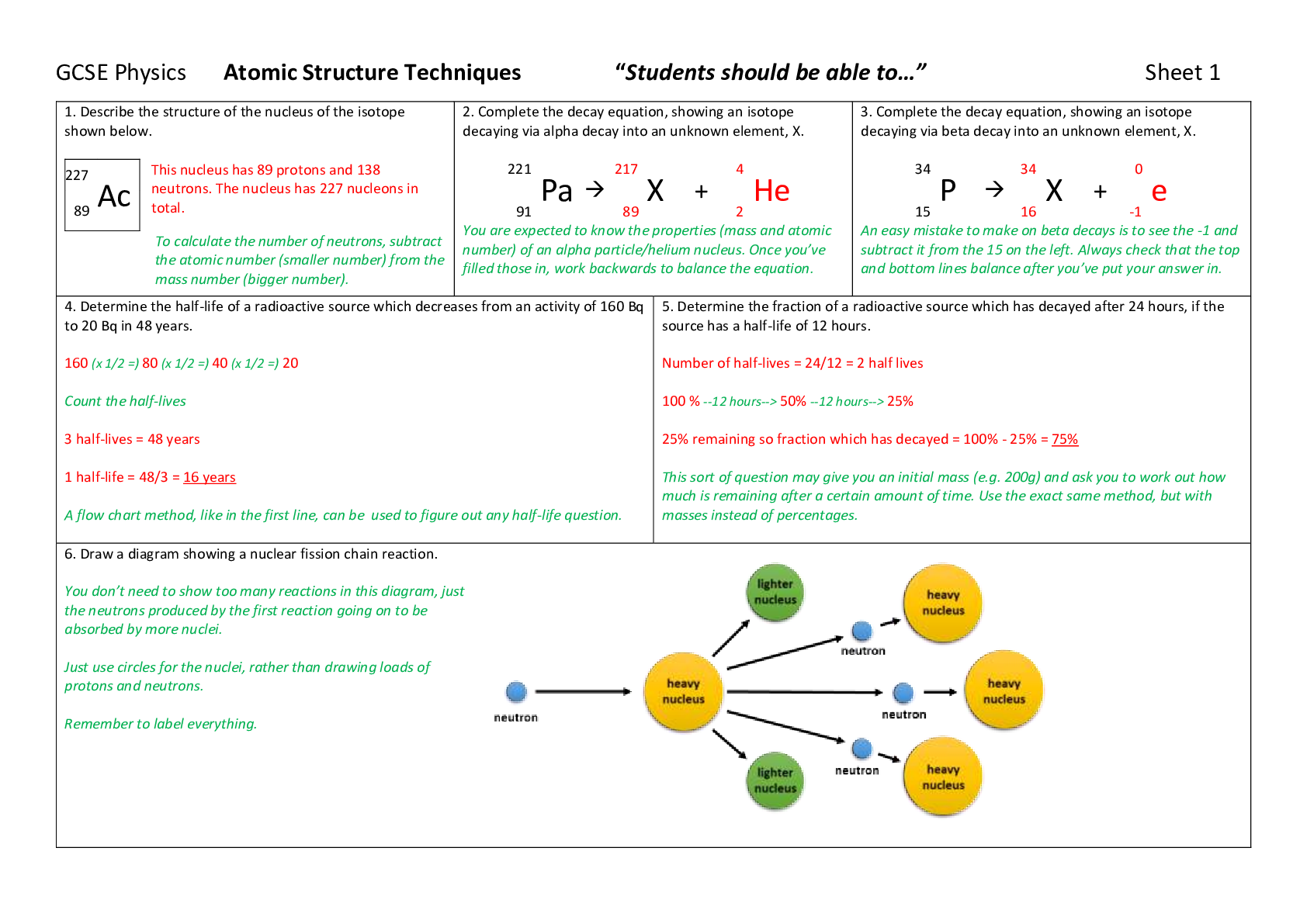 GCSE Physics Atomic Structure Techniques Answers sheet - Scholarfriends