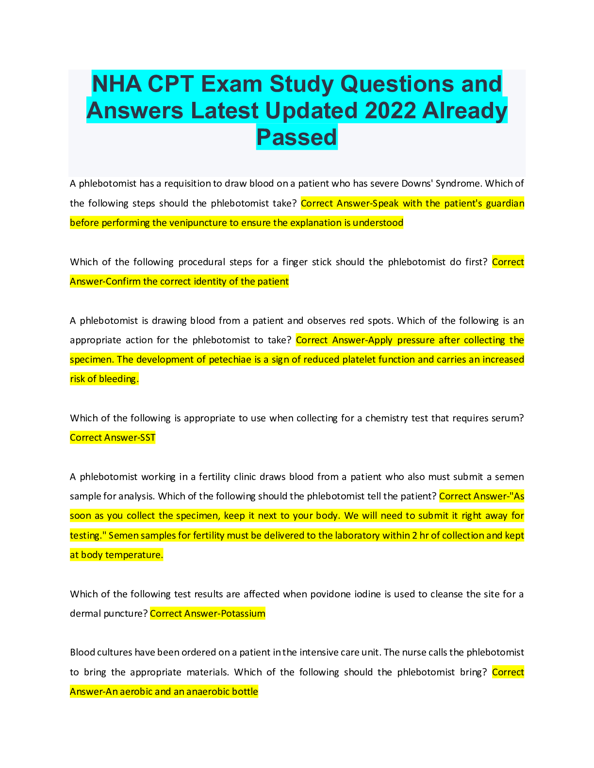 NHA CPT Exam Study Questions and Answers Latest Updated 2022 Already ...