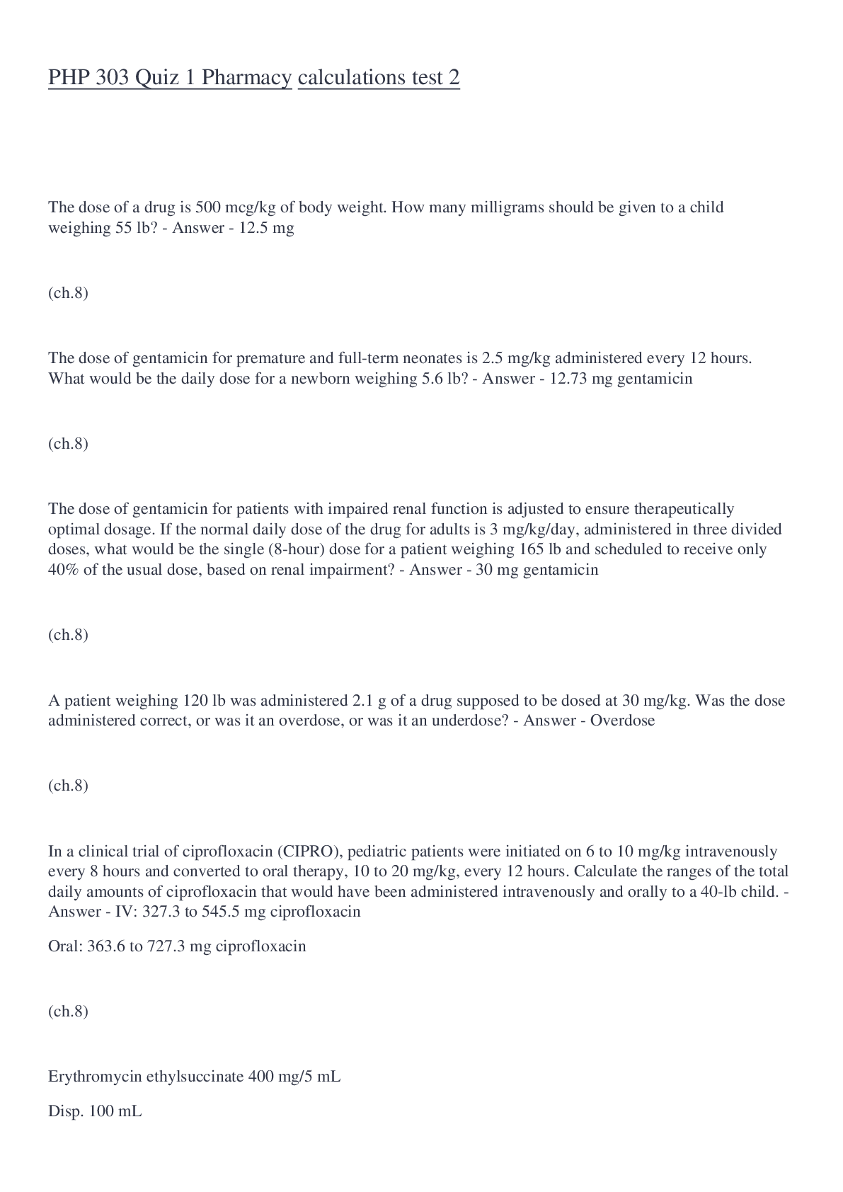PHP 303 Quiz 1 Pharmacy calculations test 2 - Scholarfriends