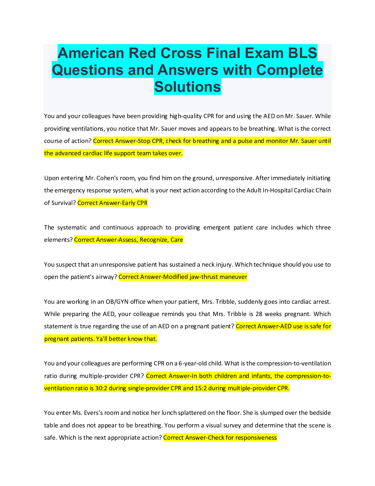 American Red Cross Final Exam BLS Questions and Answers with Complete ...