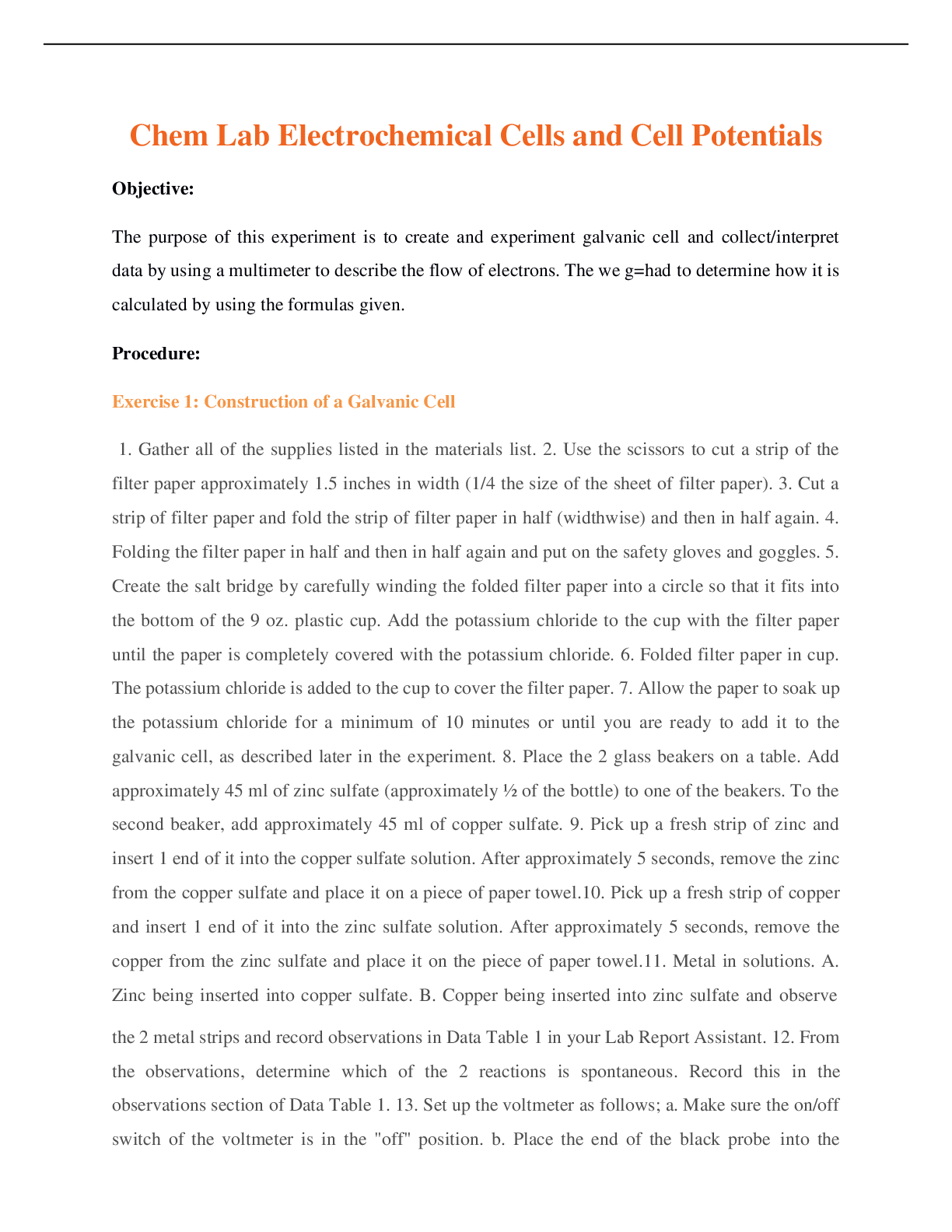CH 116. Lab Report. Chem Lab Electrochemical Cells and Cell Potentials ...