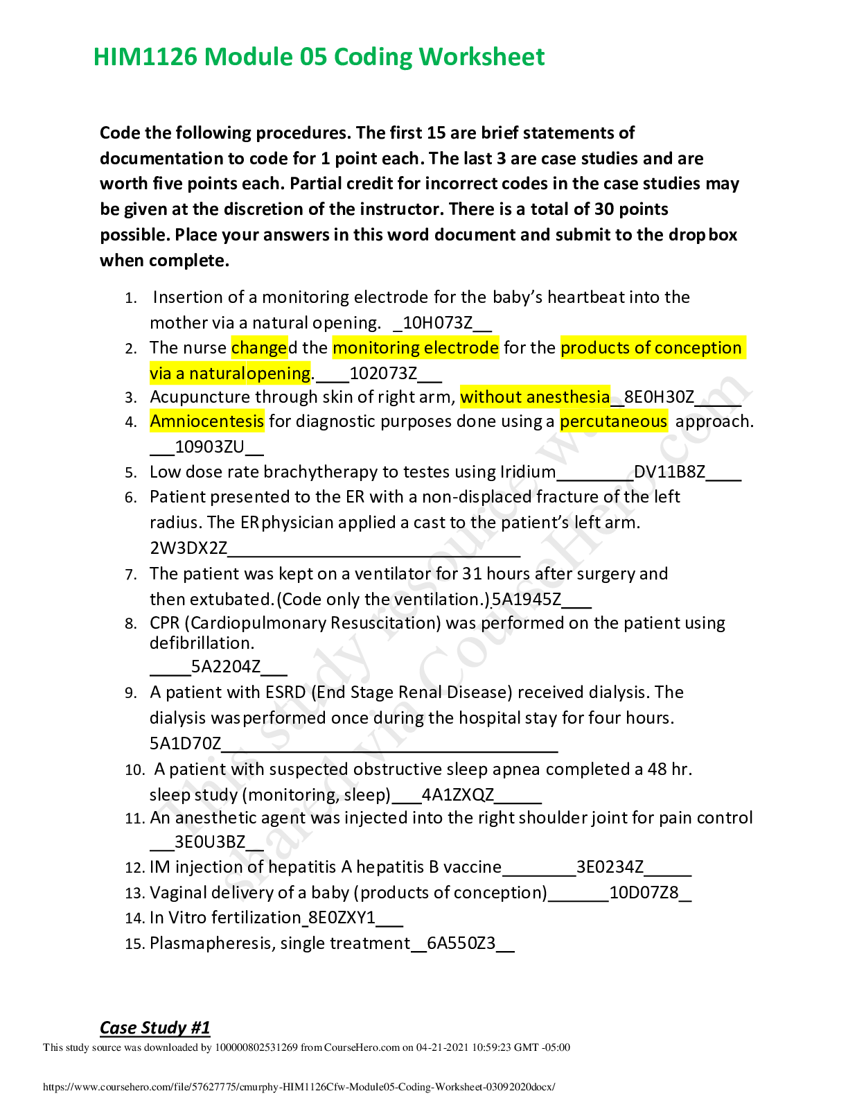 HIM1126 Module 05 Coding Worksheet,100% CORRECT - Scholarfriends