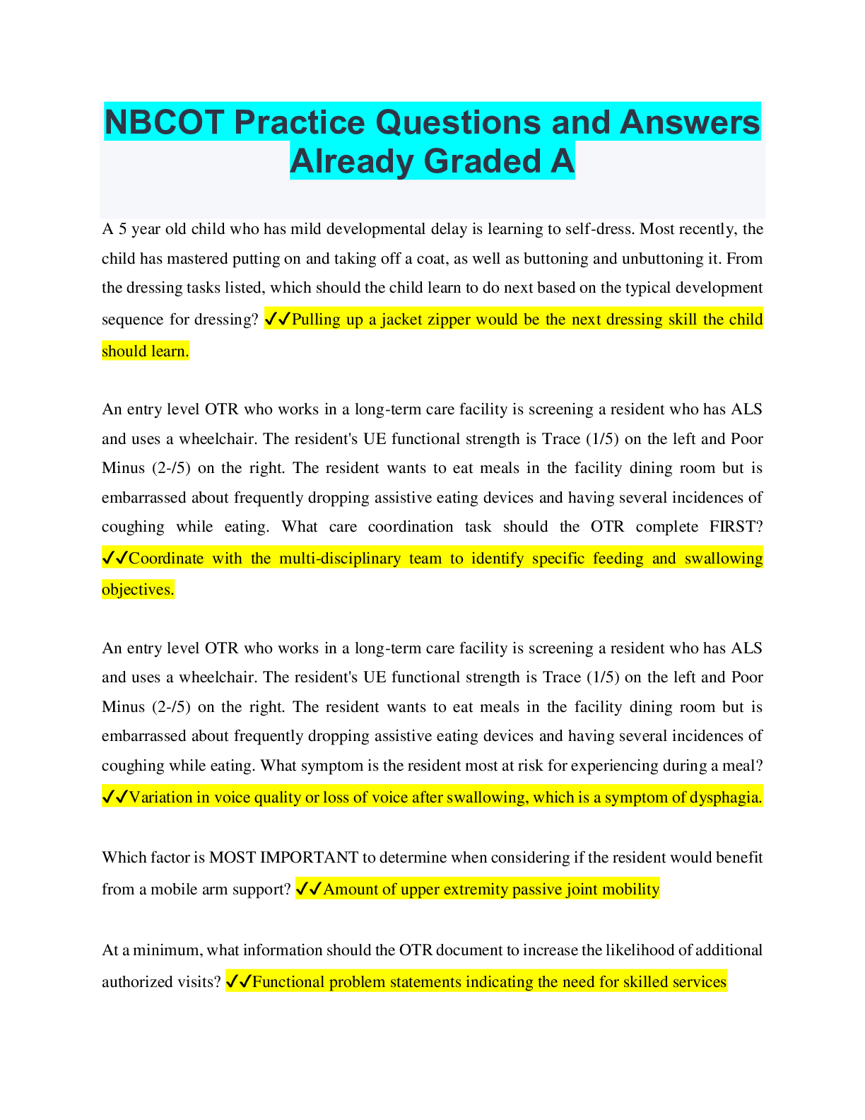 NBCOT Practice Questions and Answers Already Graded A – Scholarfriends ...
