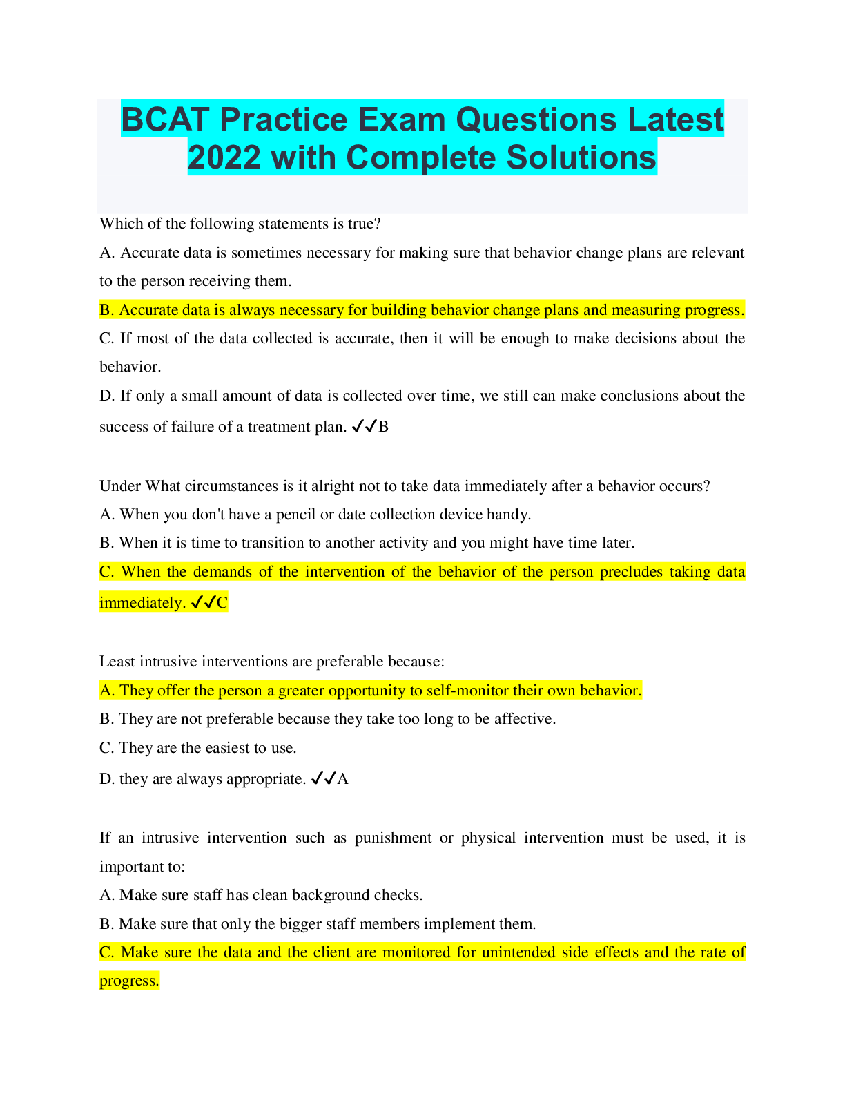 BCAT Practice Exam Questions Latest 2022 with Complete Solutions ...
