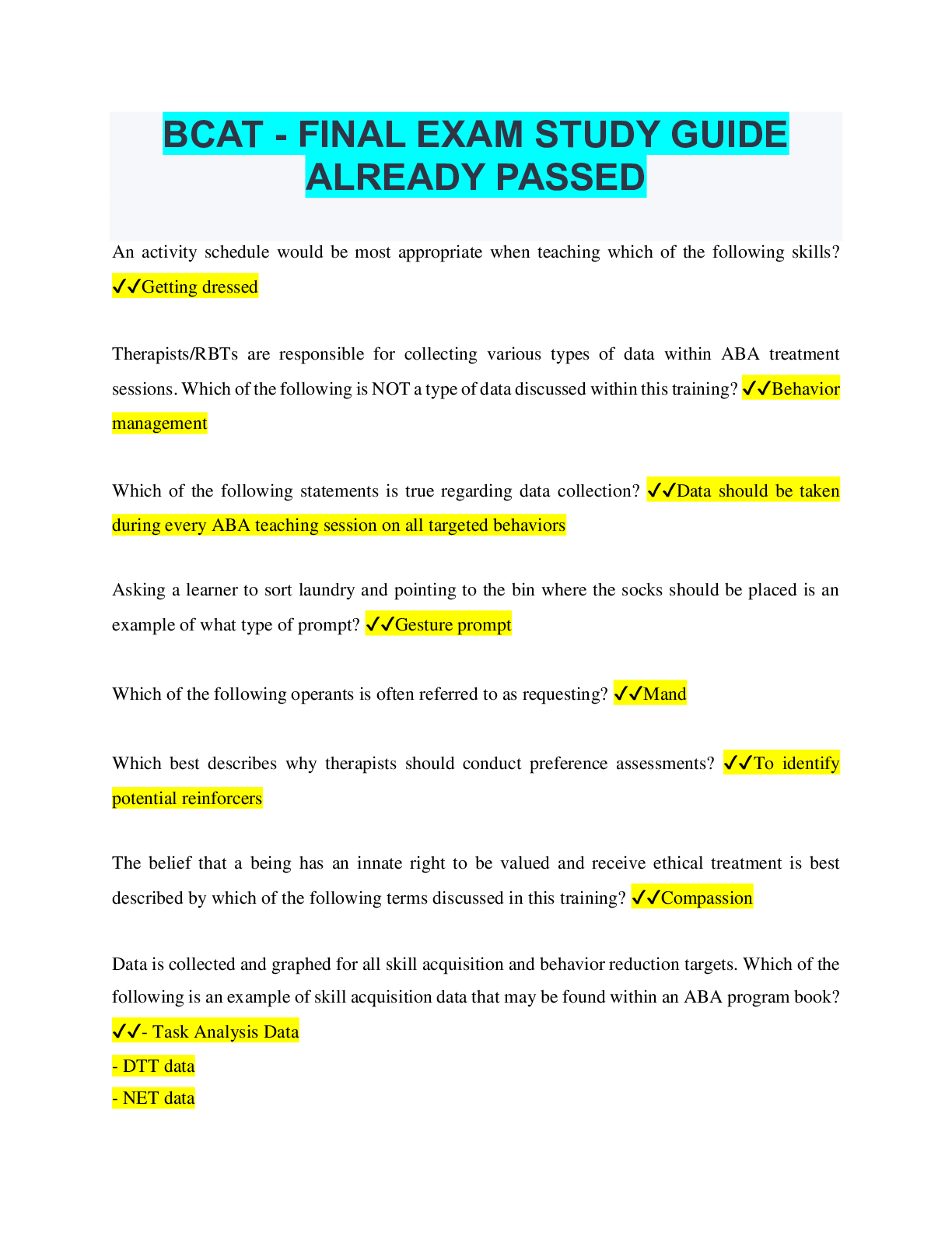 BCAT - FINAL EXAM STUDY GUIDE ALREADY PASSED - Scholarfriends