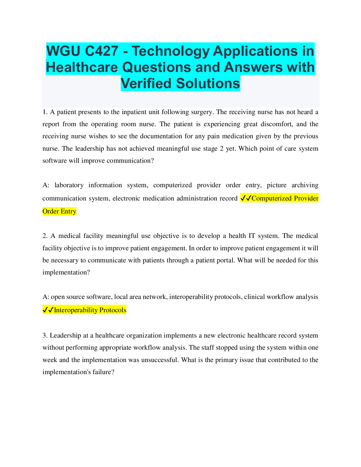 WGU C427 - Technology Applications in Healthcare Questions and Answers ...