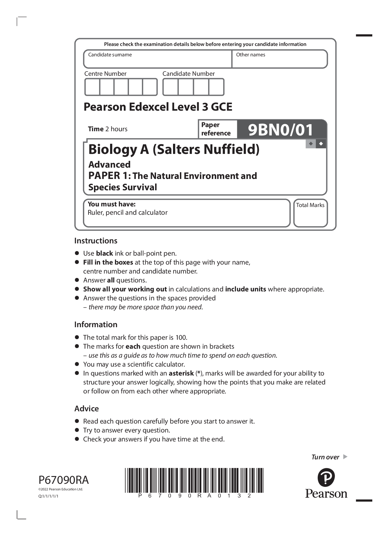 Pearson Edexcel Level 3 GCE Biology A (Salters Nuffield) Advanced PAPER ...