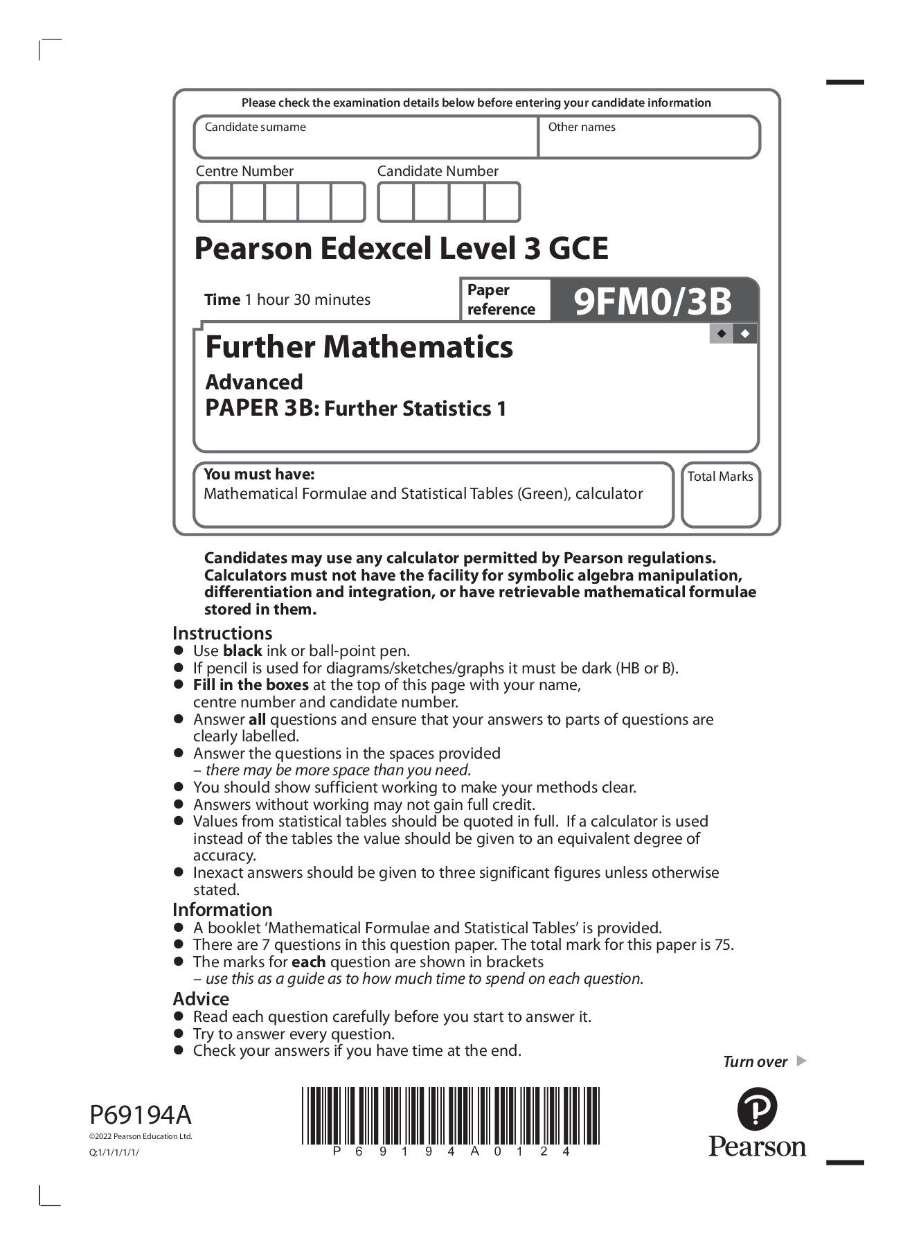 Pearson Edexcel Level 3 GCE Further Mathematics Advanced PAPER 3B ...