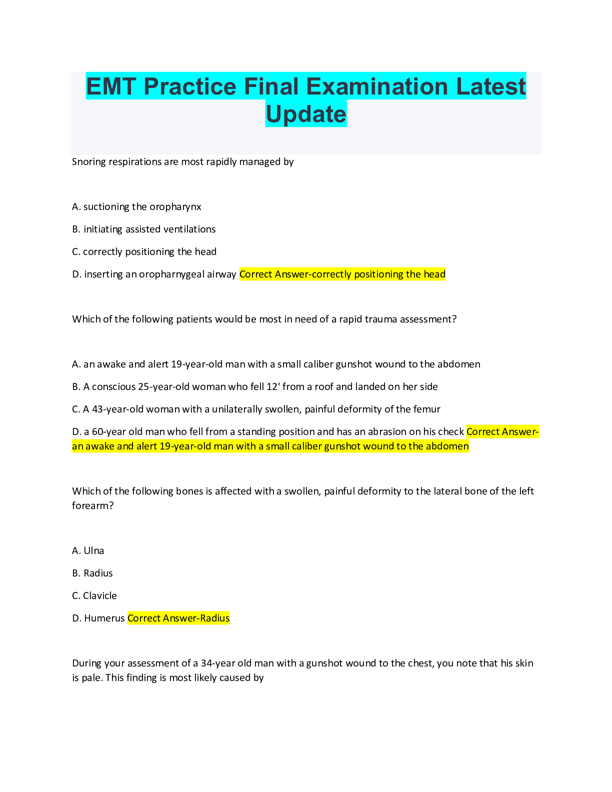 EMT Practice Final Examination Latest Update - Scholarfriends