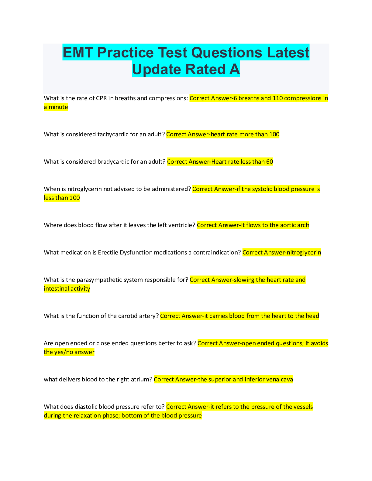 EMT Practice Test Questions Latest Update Rated A - Scholarfriends