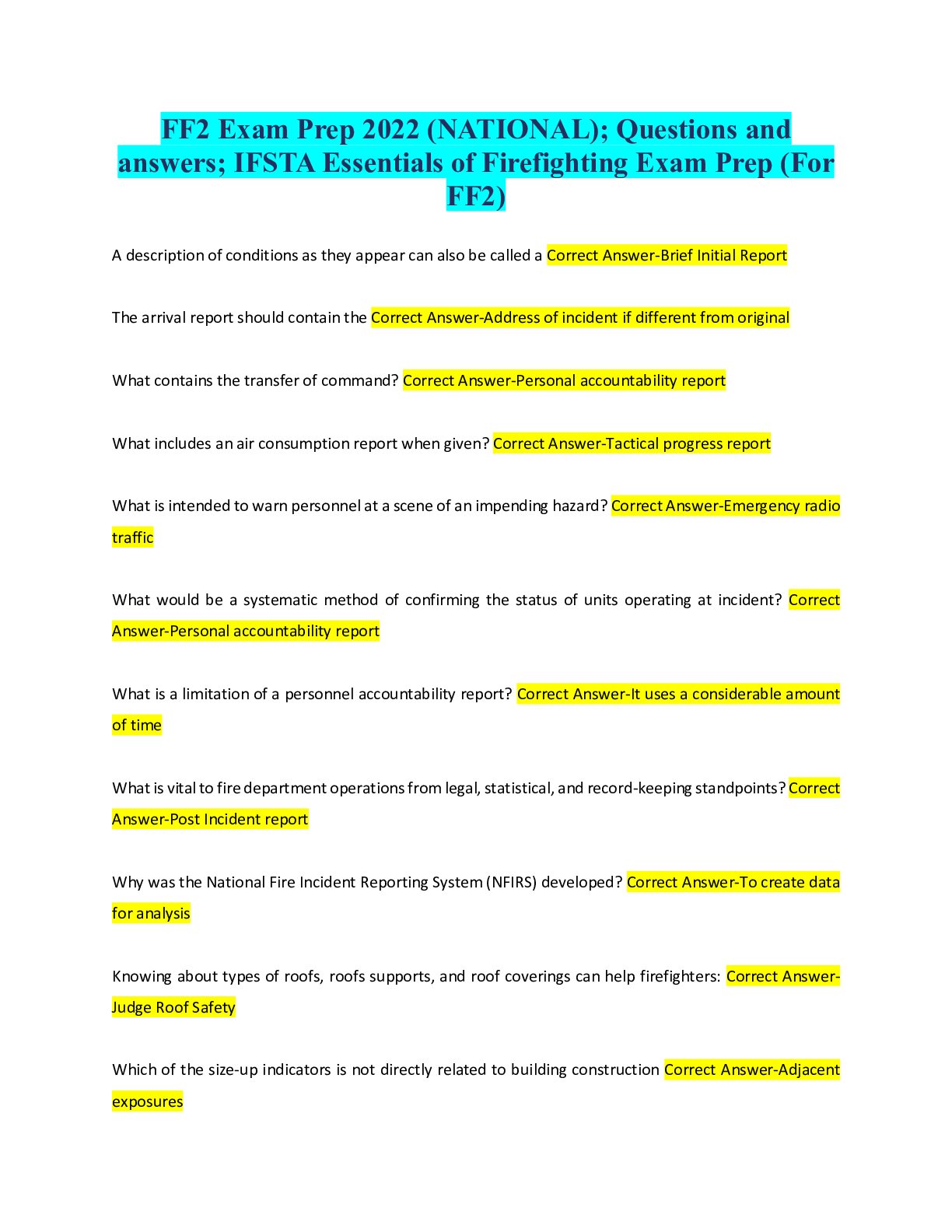 FF2 Exam Prep 2022 (NATIONAL); Questions and answers; IFSTA Essentials ...