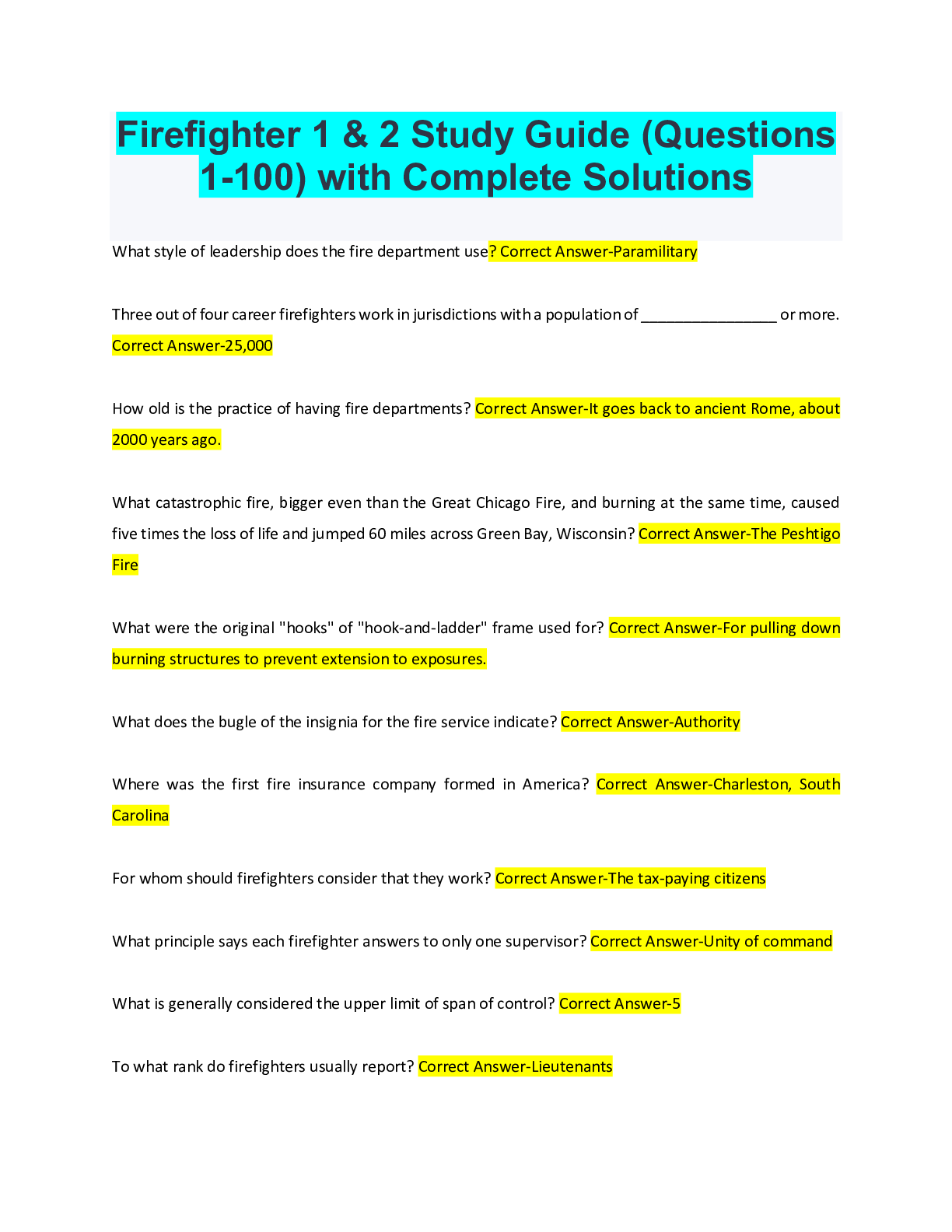 Firefighter 1 & 2 Study Guide (Questions 1-100) with Complete Solutions ...