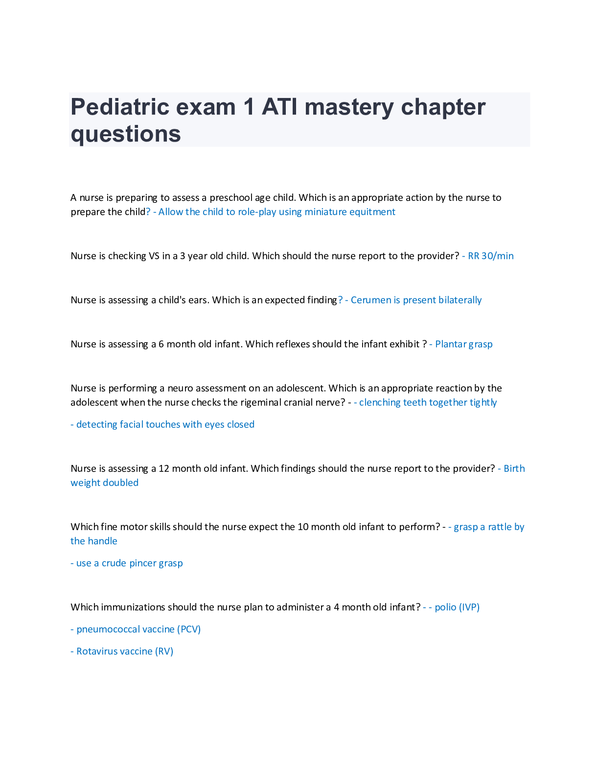 Pediatric exam 1 ATI mastery chapter questions - Scholarfriends