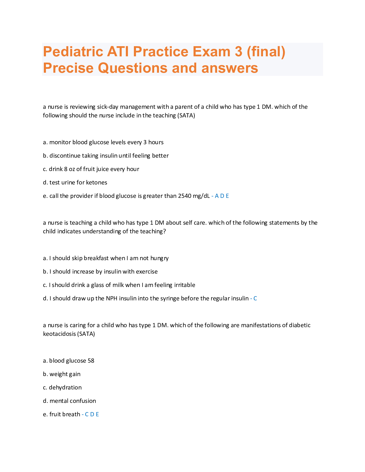 Pediatric ATI Practice Exam 3 (final) Precise Questions and answers ...