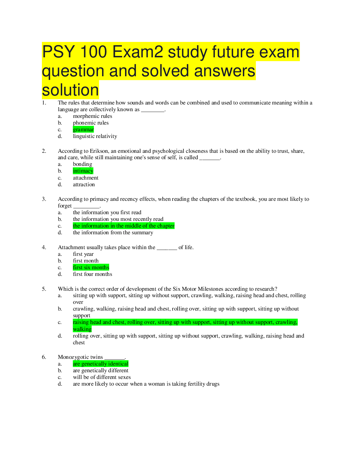 PSY 100 Exam2 study future exam question and solved answers solution ...