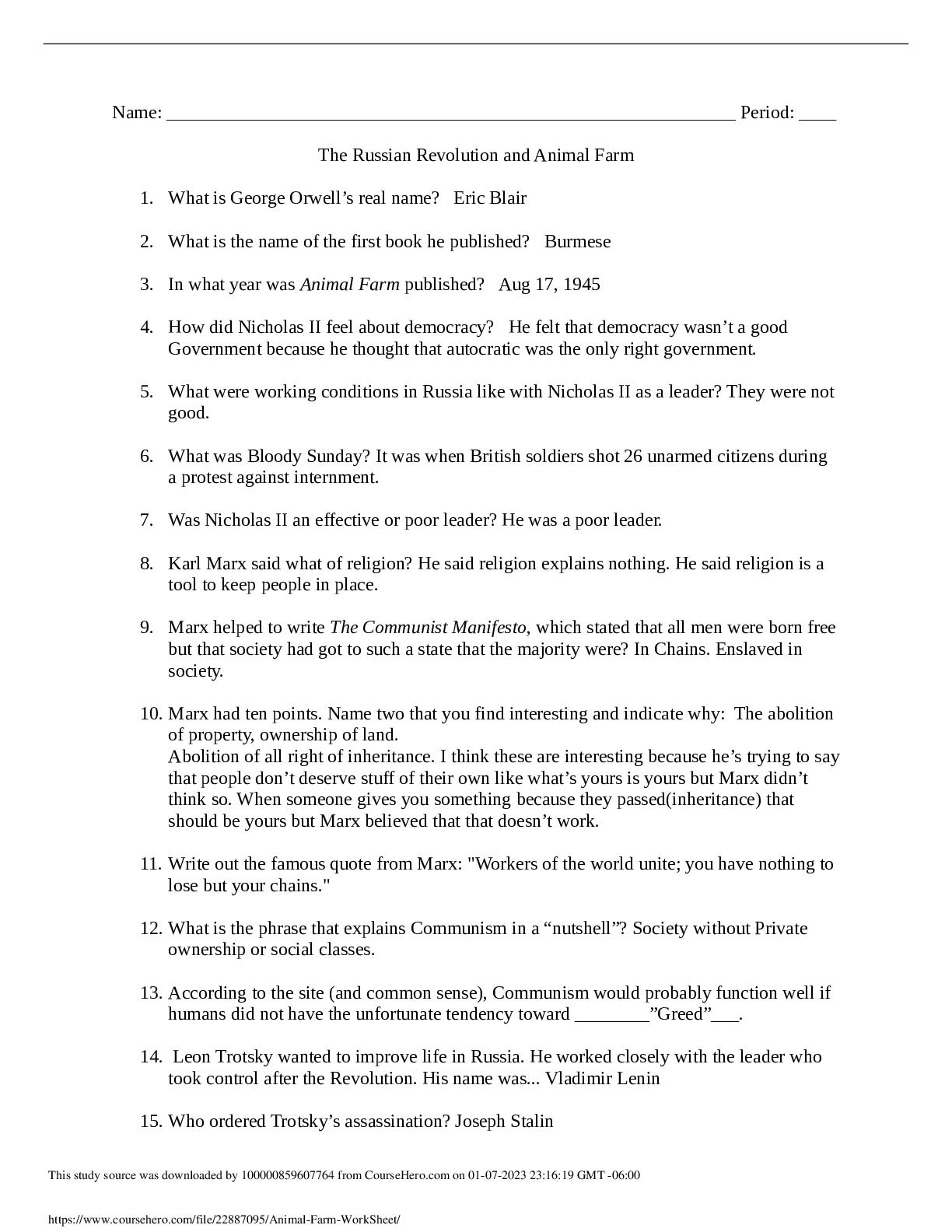 Animal Farm WorkSheet Heritage High School ENGLISH 2100_The Russian ...