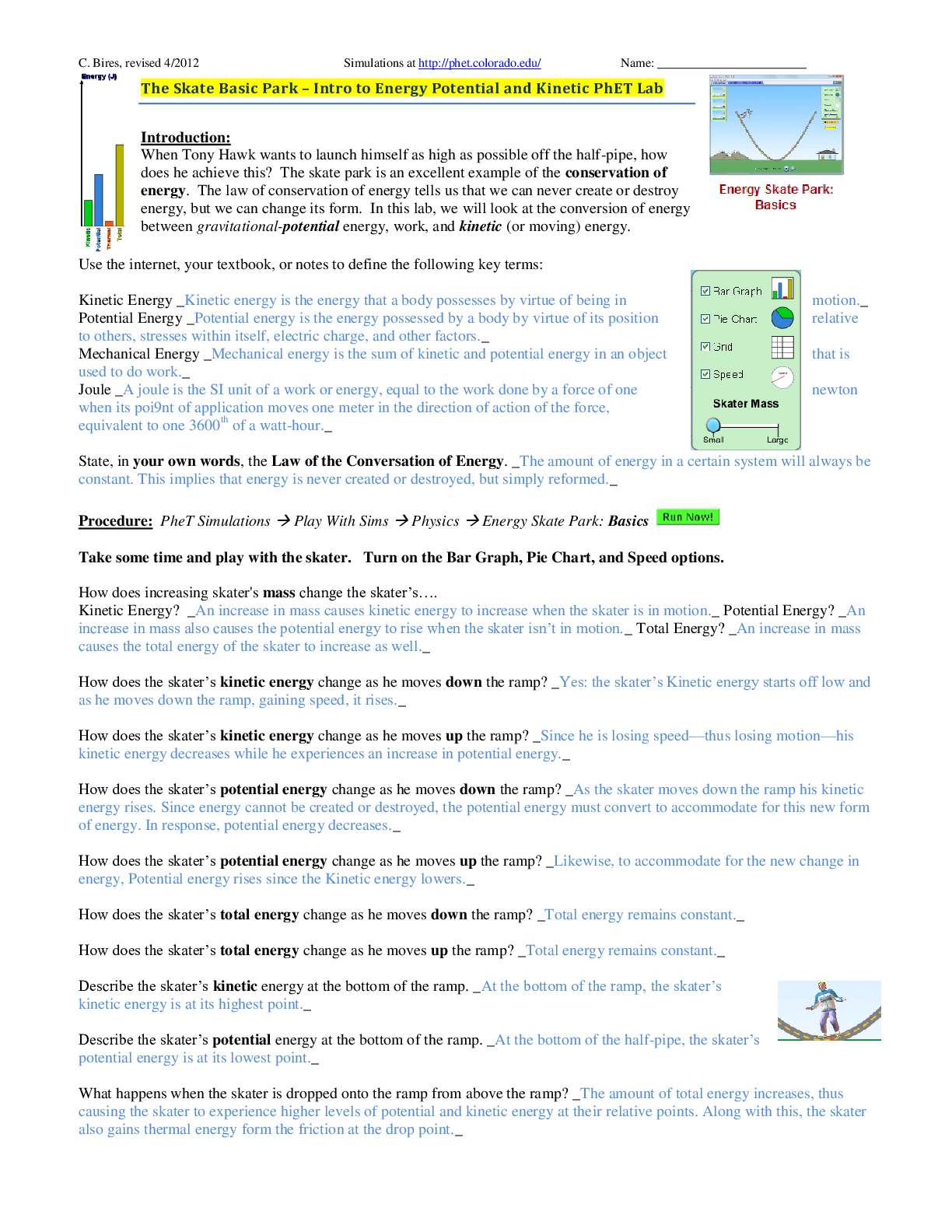 ISCI 110 BASIC Energy Skate Park PhET Lab_ The Skate Basic Park – Intro ...