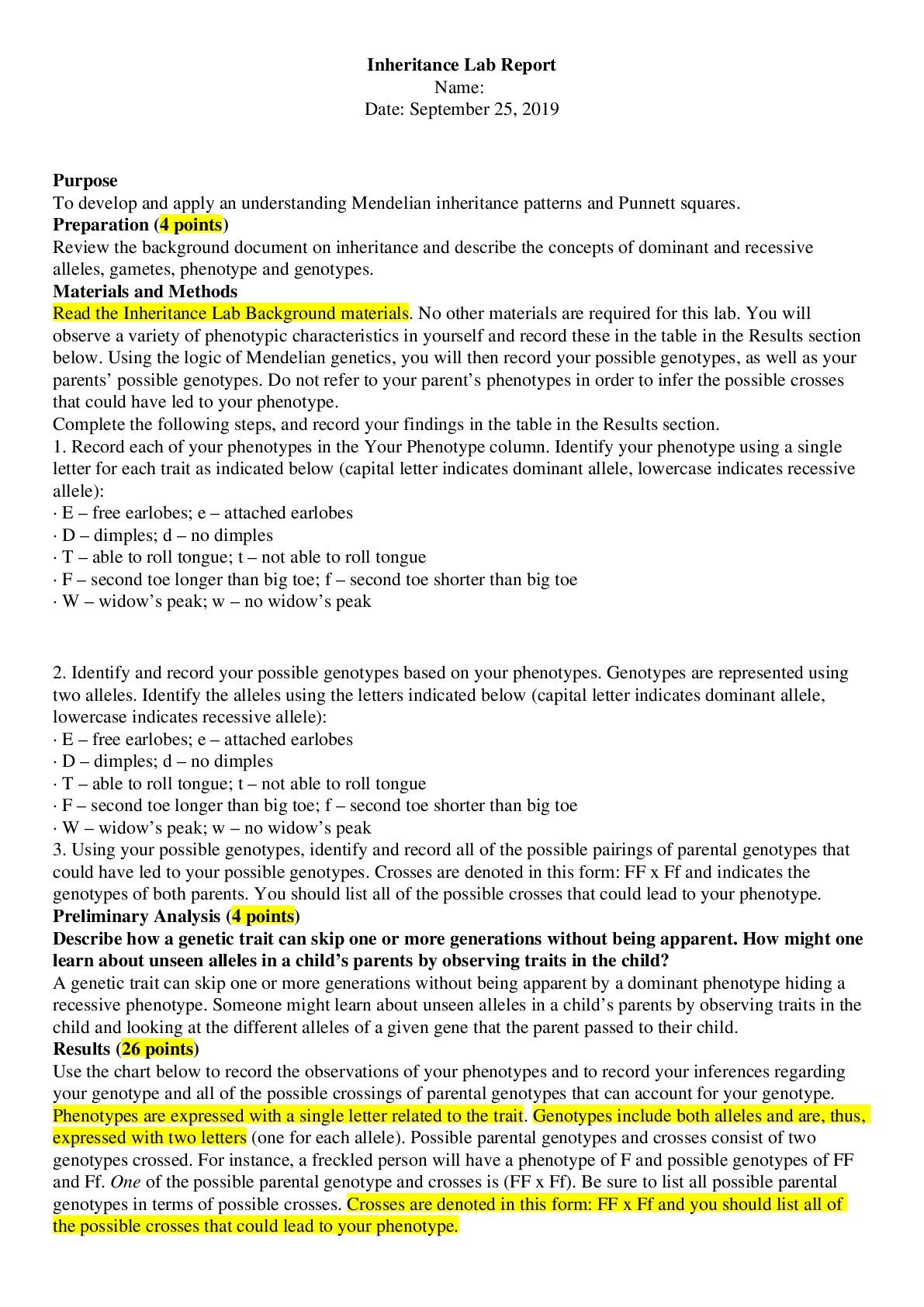 Solved Biol 1001 Week 4 Inheritance Lab Report Scholarfriends 7068