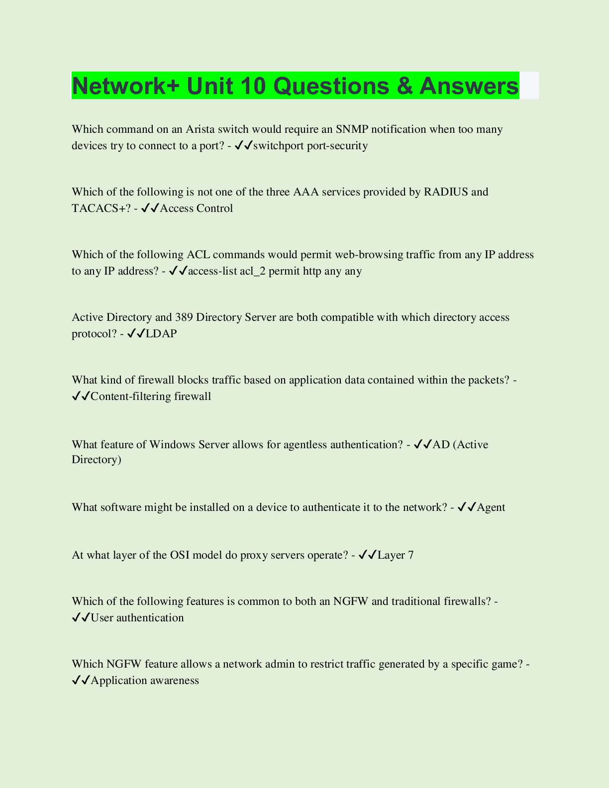 Network+ Unit 10 Questions & Answers | Questions with 100% Correct ...