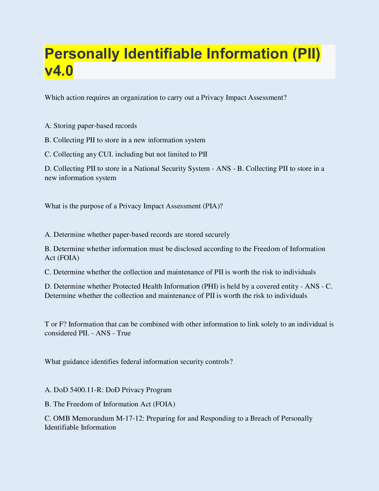 Personally Identifiable Information (PII) v4.0 | with 100% Correct ...