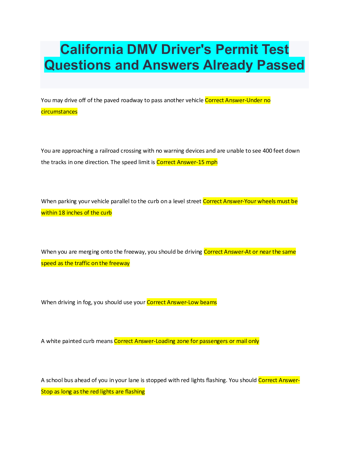California DMV Driver's Permit Test Questions and Answers Already ...