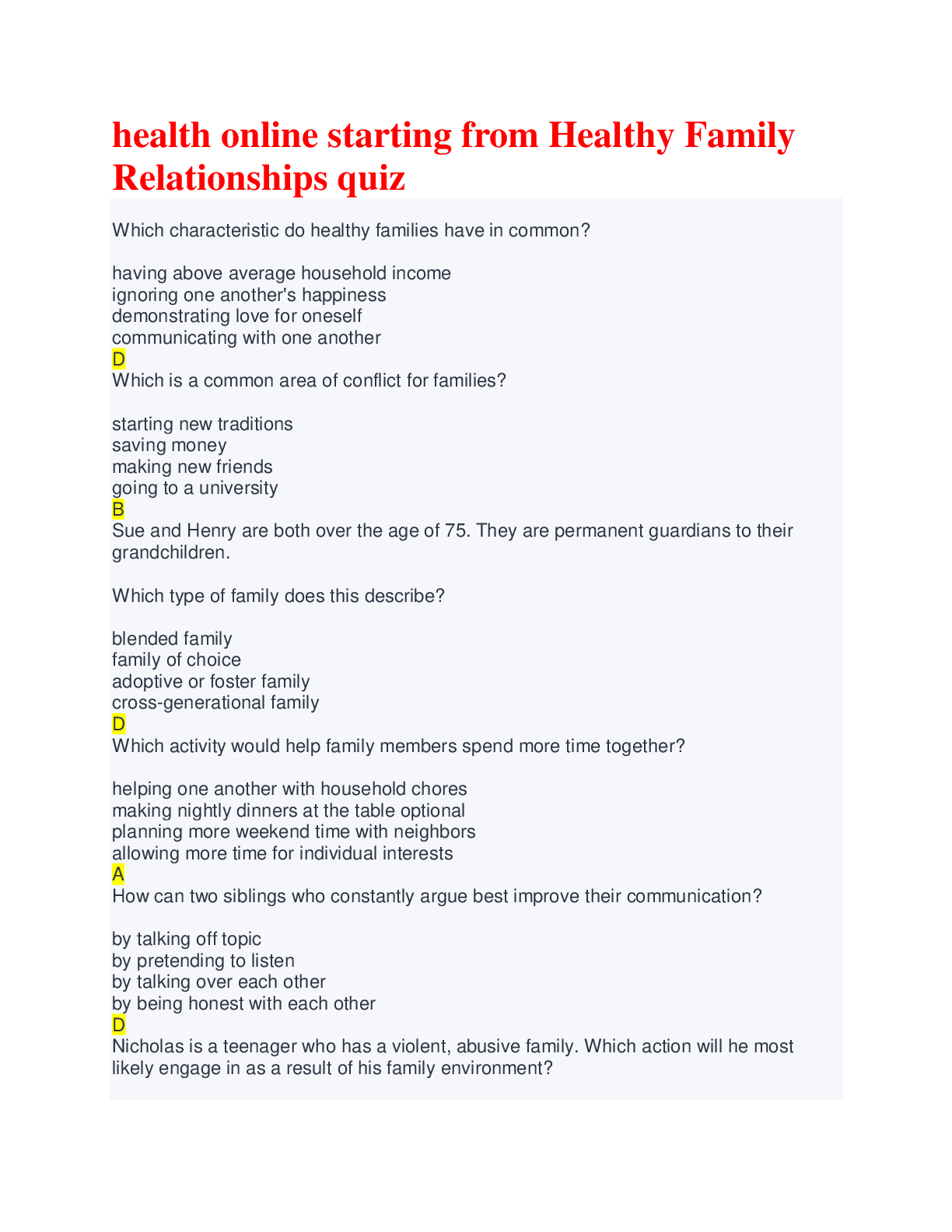 health online starting from Healthy Family Relationships quiz with ...