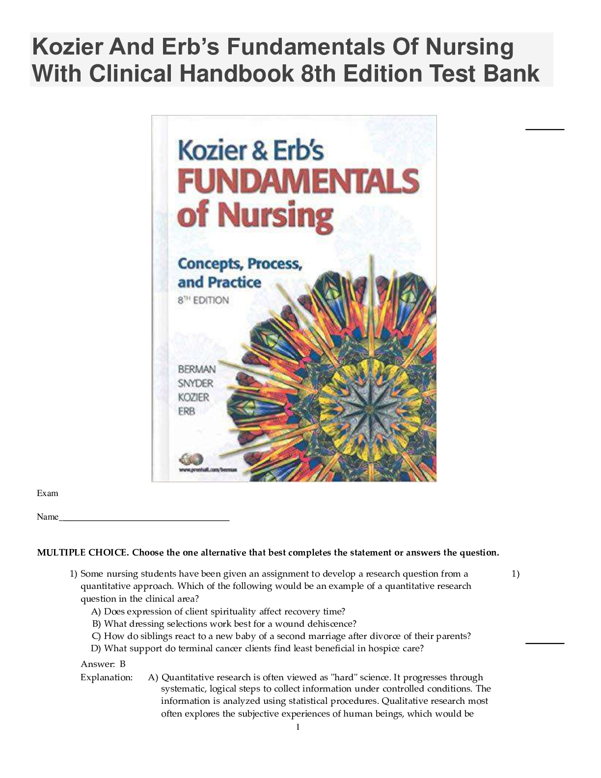 TEST BANK for Kozier & Erb's Fundamentals of Nursing: Concepts, Process ...