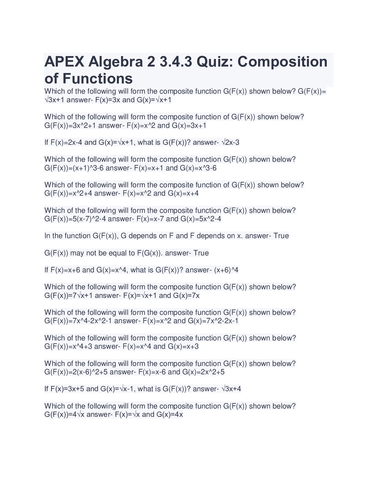 APEX Algebra 2 3.4.3 Quiz: Composition of Functions - Scholarfriends