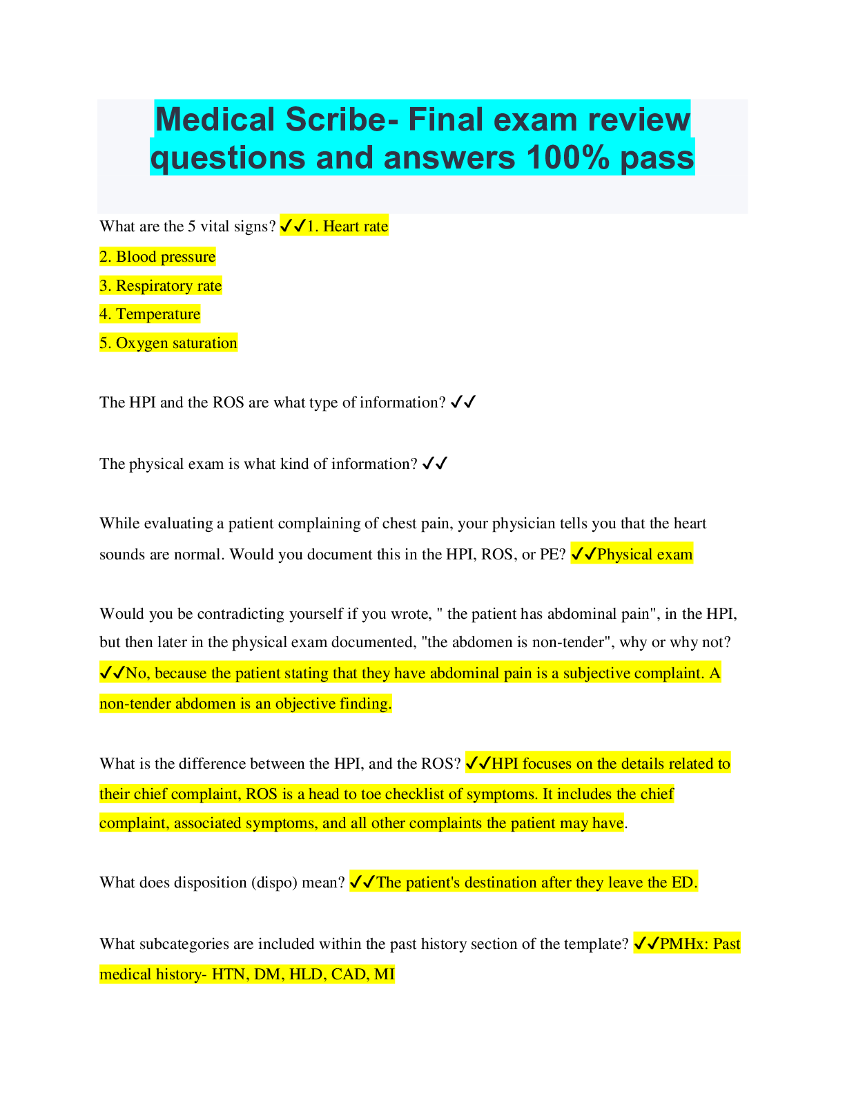 Medical Scribe- Final exam review questions and answers 100% pass ...