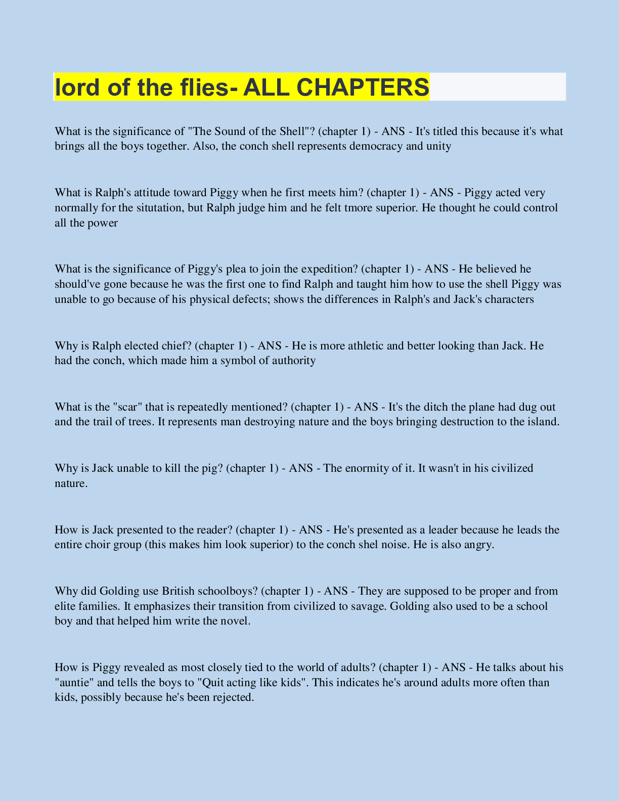 lord of the flies- ALL CHAPTERS | 60 Questions with 100% Correct ...