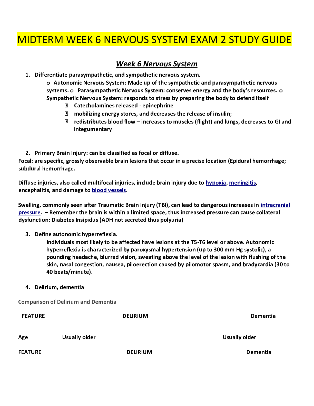 MIDTERM WEEK 6 NERVOUS SYSTEM EXAM 2 STUDY GUIDE - Scholarfriends
