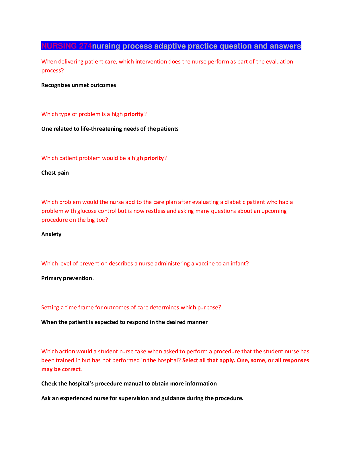 NURSING 274 nursing process adaptive practice question and answers ...