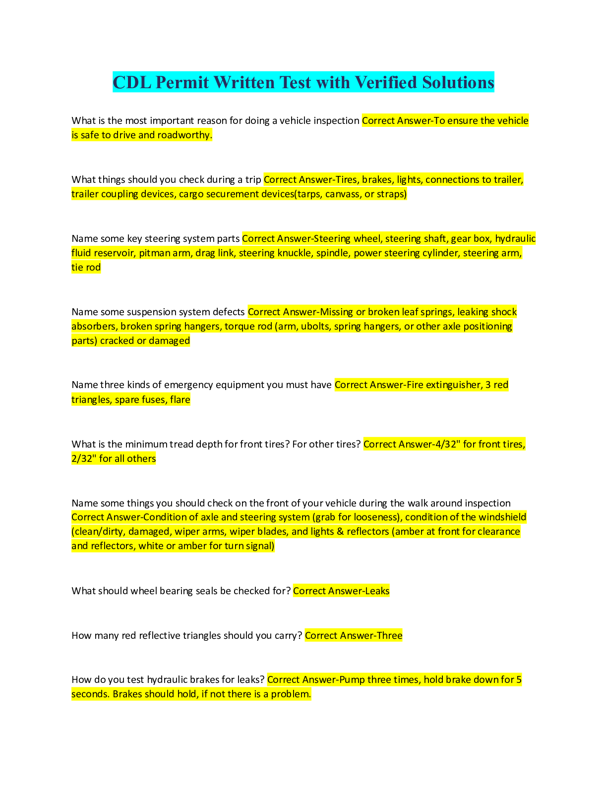 CDL Permit Written Test with Verified Solutions - Scholarfriends