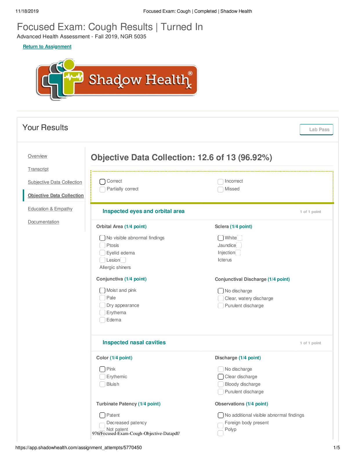 Shadow Health Focused Exam Cough (Objective Data) - Scholarfriends
