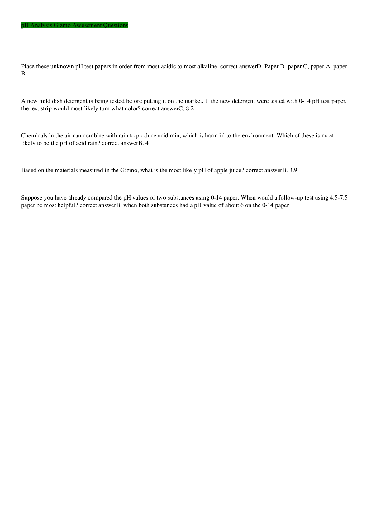 pH Analysis Gizmo Assessment Questions And Answers 2022 - Scholarfriends