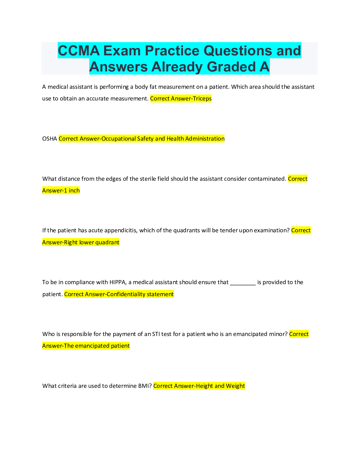 CCMA Exam Practice Questions and Answers Already Graded A - Scholarfriends