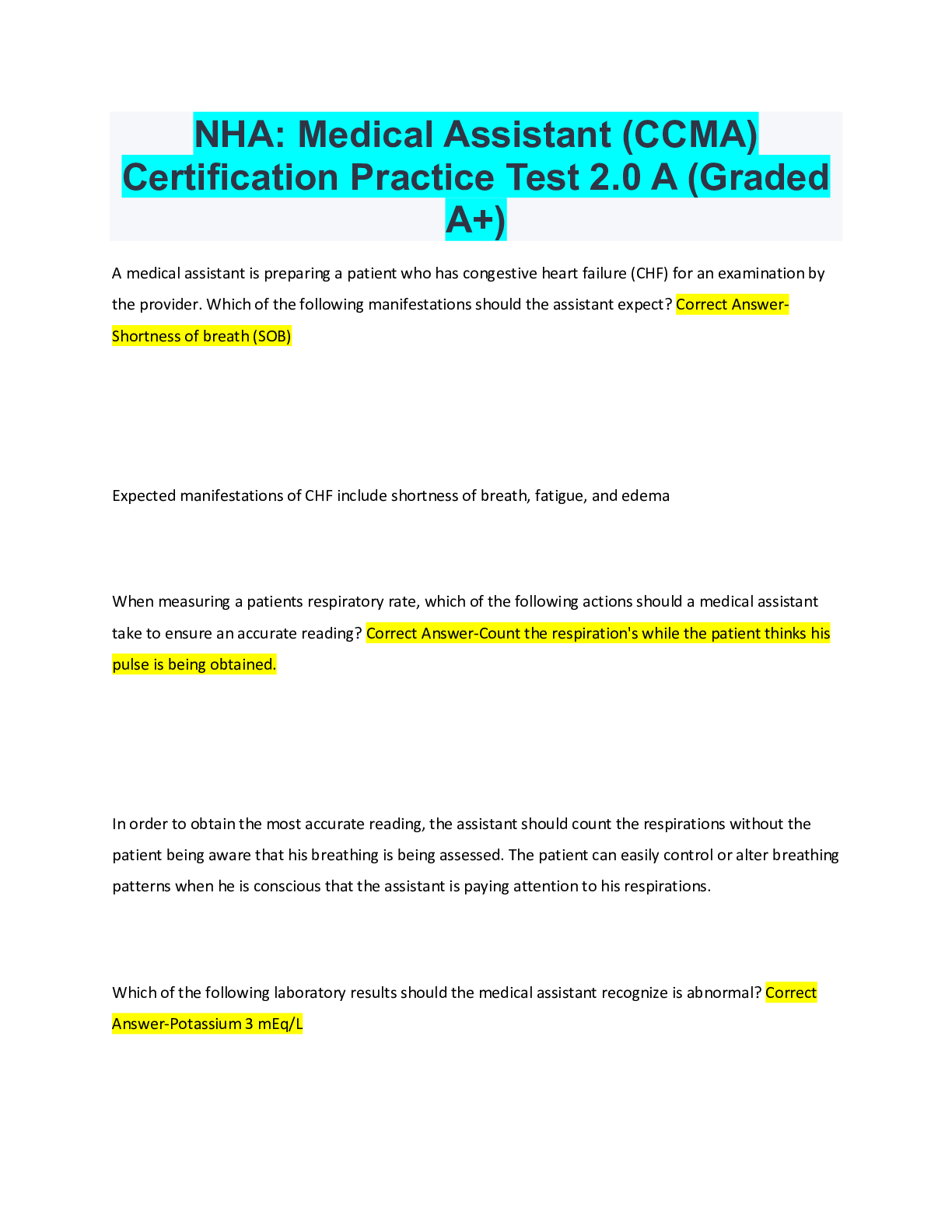 NHA: Medical Assistant (CCMA) Certification Practice Test 2.0 A (Graded ...